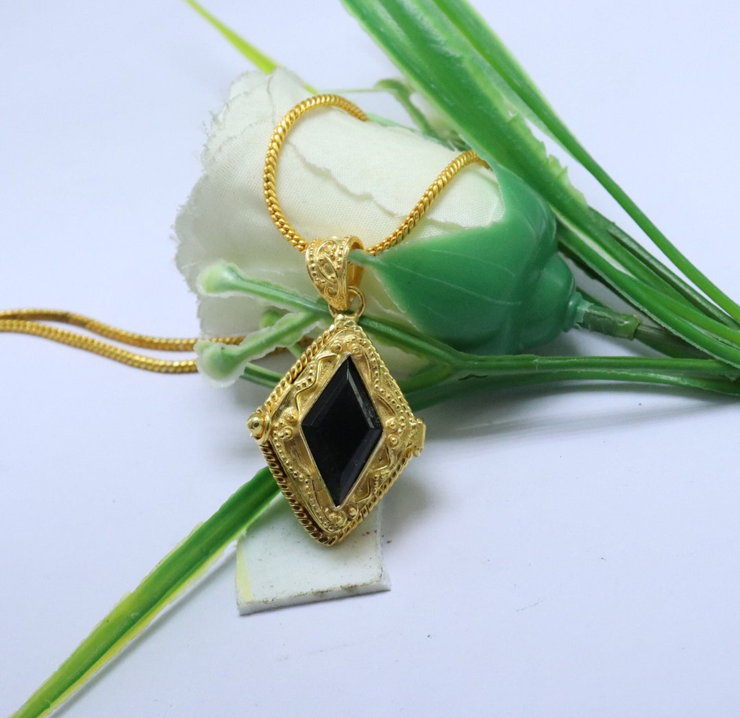 18K Gold Locket Pendant Necklace Woman and Girl Natural Golden Obsidian ...