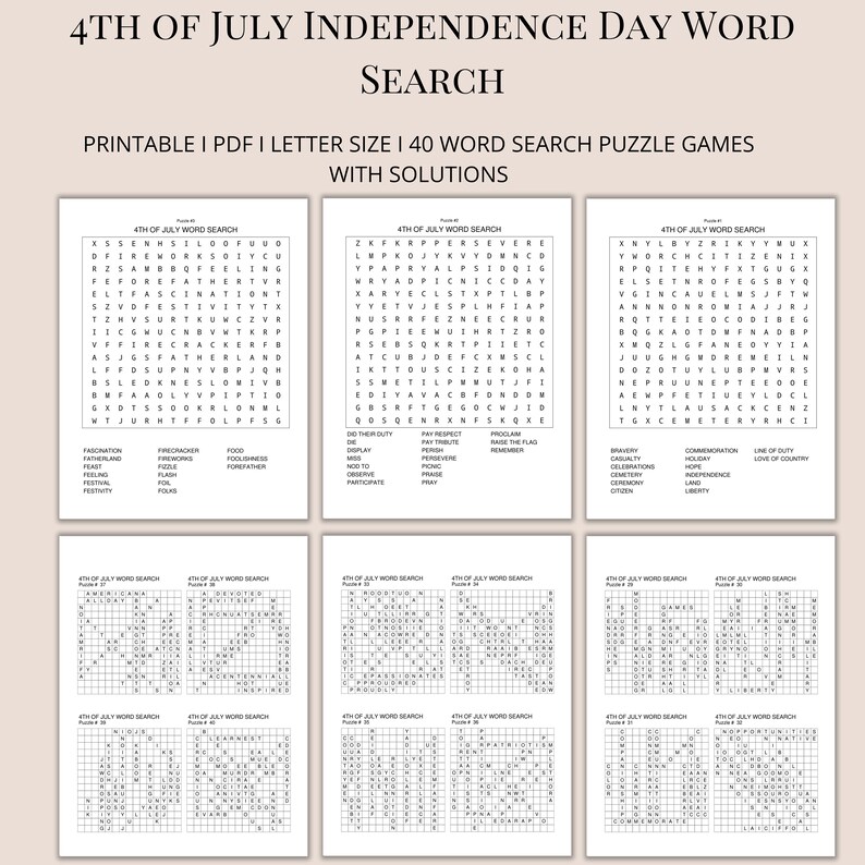 4th of July Printable 40 Word Search Puzzle Games, Patriotic Fourth of ...