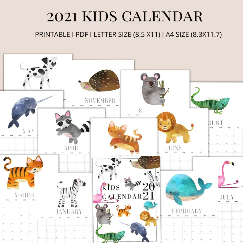 2021 Kids Animals Printable Calendar Kids Room Decor Happy | Etsy