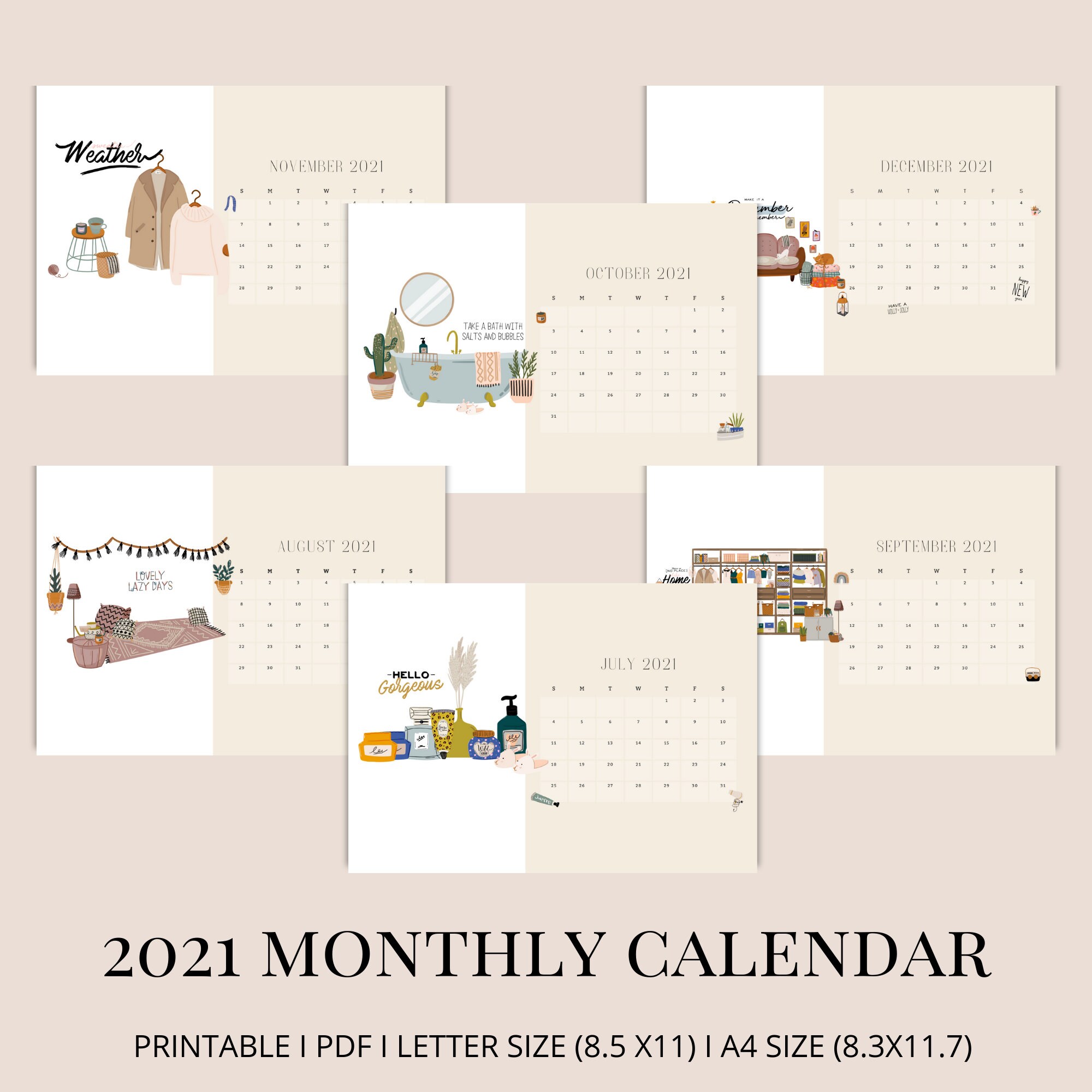2021 Beige Boho Style Printable Calendar, Stay Cozy Calendar, Girly ...