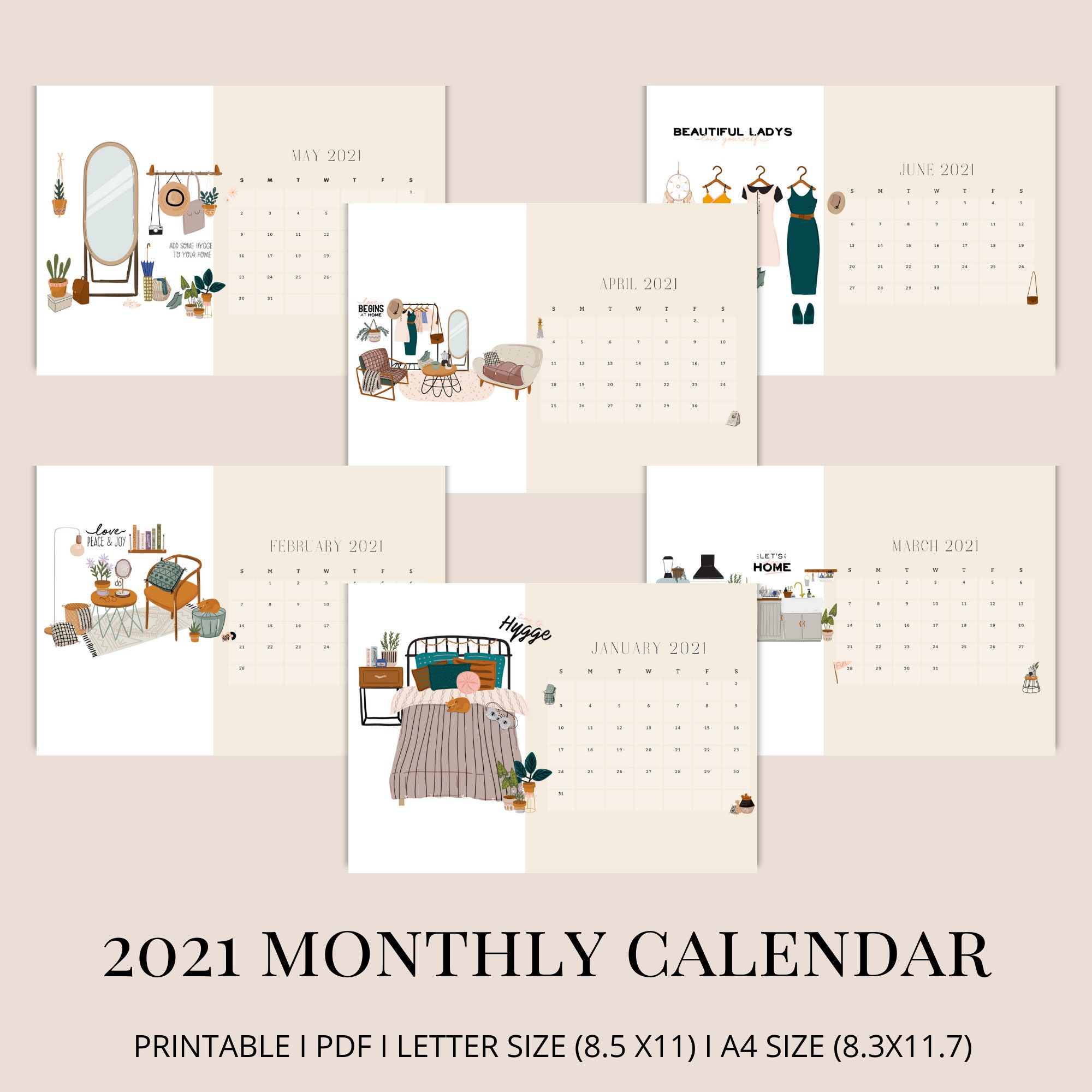 2021 Beige Boho Style Printable Calendar, Stay Cozy Calendar, Girly ...