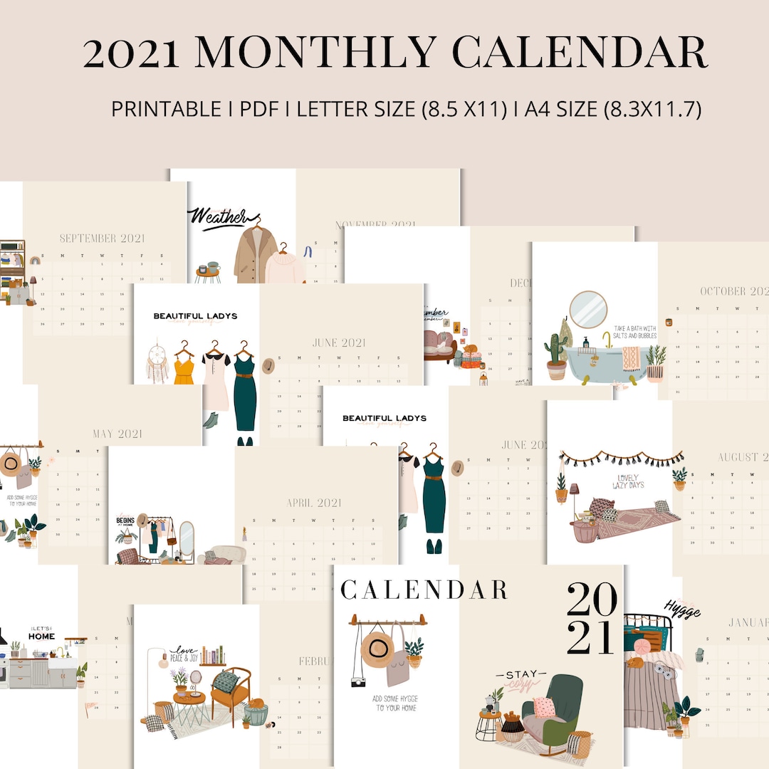 2021 Beige Boho Style Printable Calendar, Stay Cozy Calendar, Girly ...