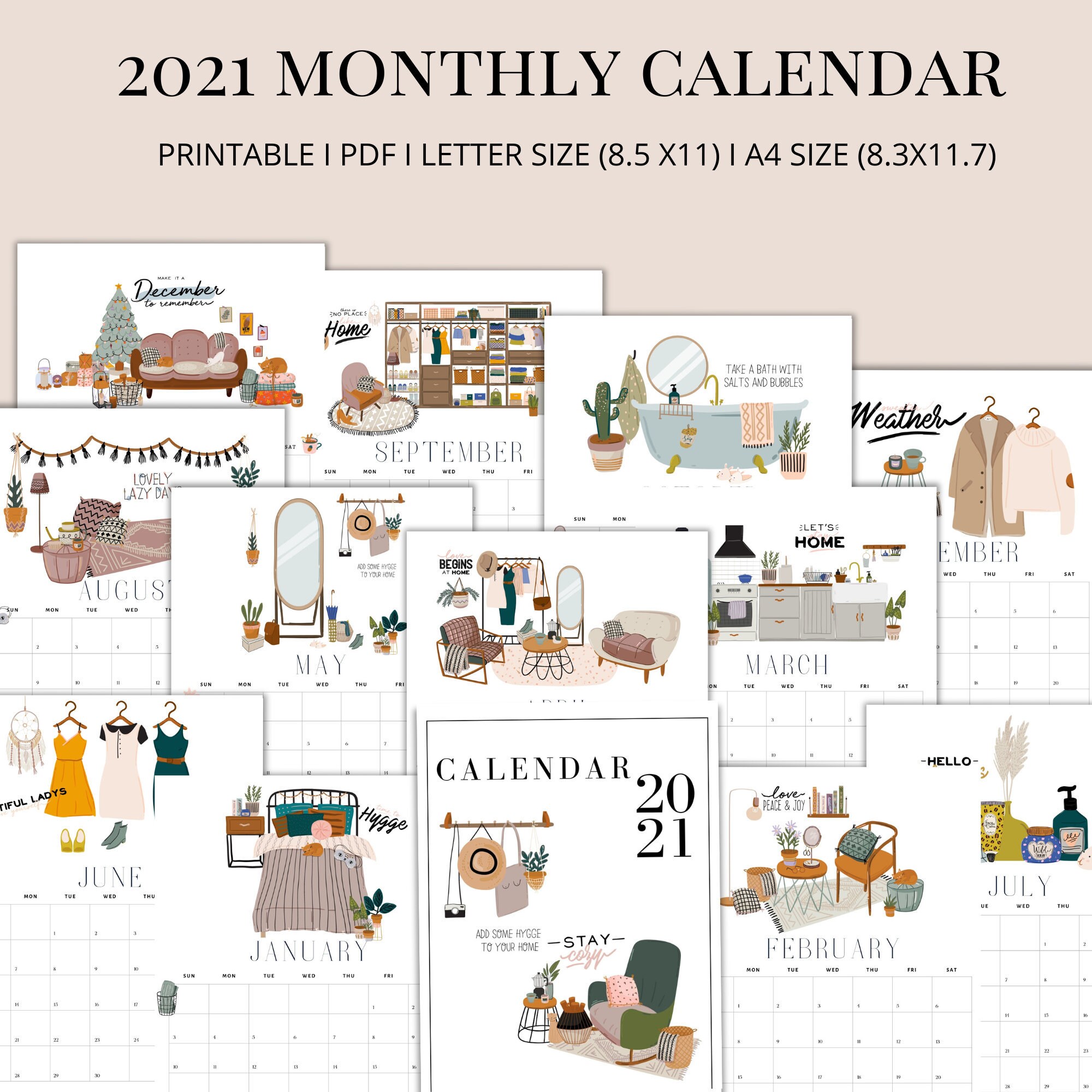 Stay Cozy 2021 Printable Calendar Boho Style Calendar Girly - Etsy UK