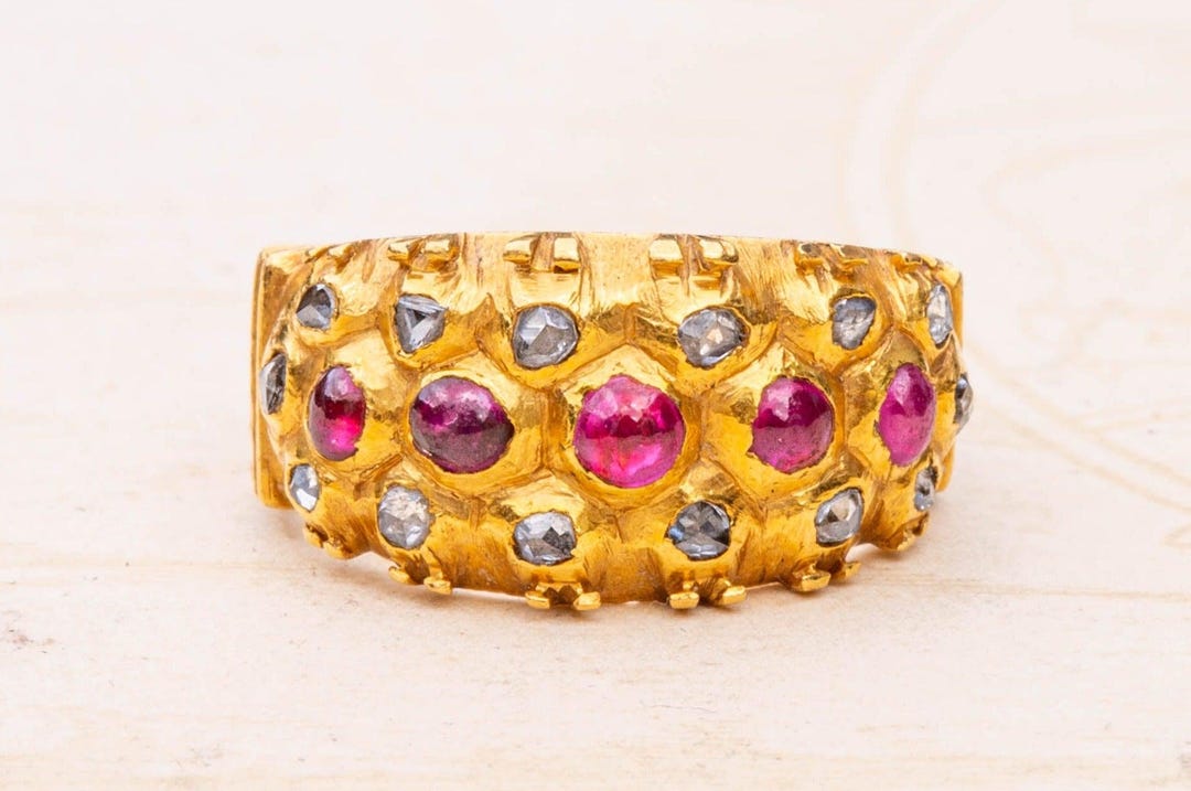 Rare Antique Royal Gold Ring From Siam - Ruby and Diamond Cluster Band ...