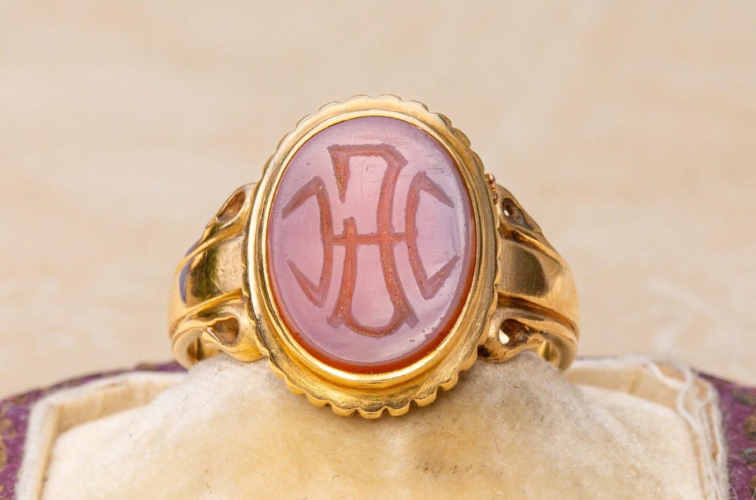 Victorian Gold Monogram Intaglio Ring Hj / Jh Initials Gents Pinky Ring ...