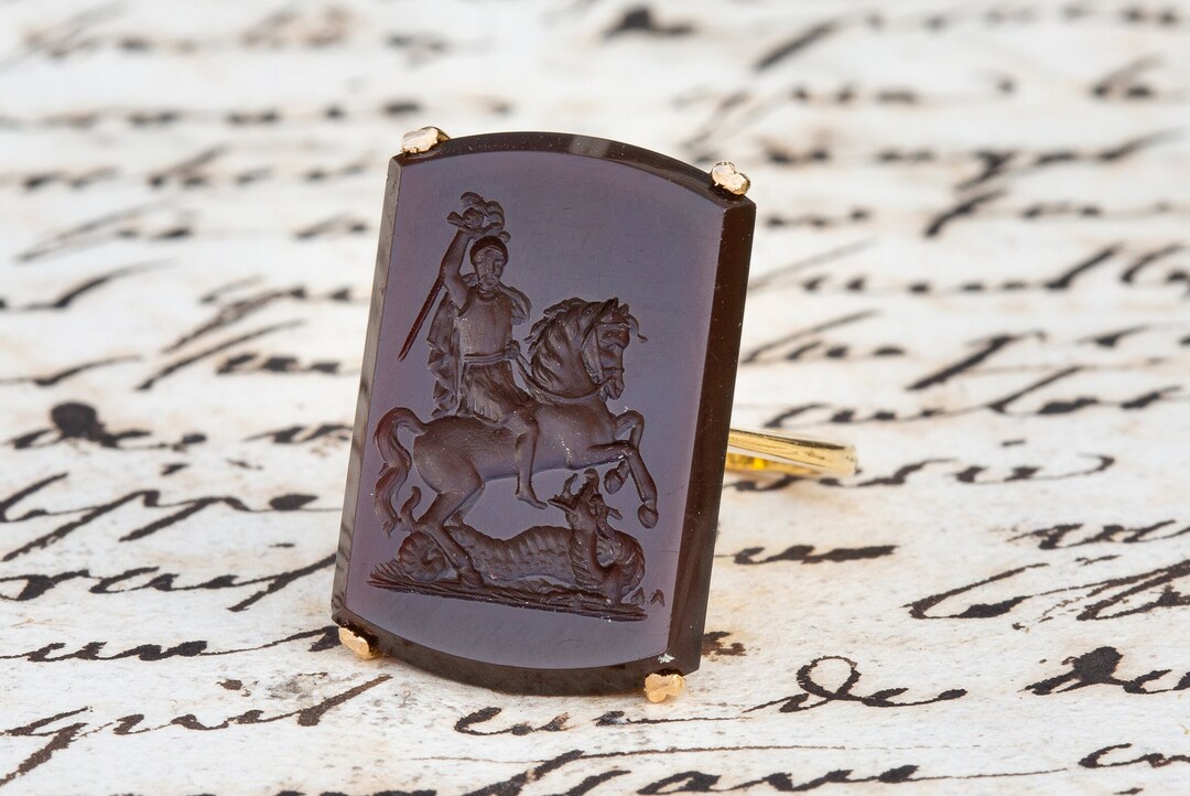 Vintage French 18K Gold Intaglio Ring St George and Dragon Saint ...