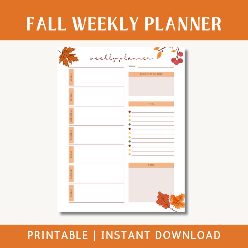 Fall Weekly Planner Printable Undated: Digital Download (PDF) - Etsy