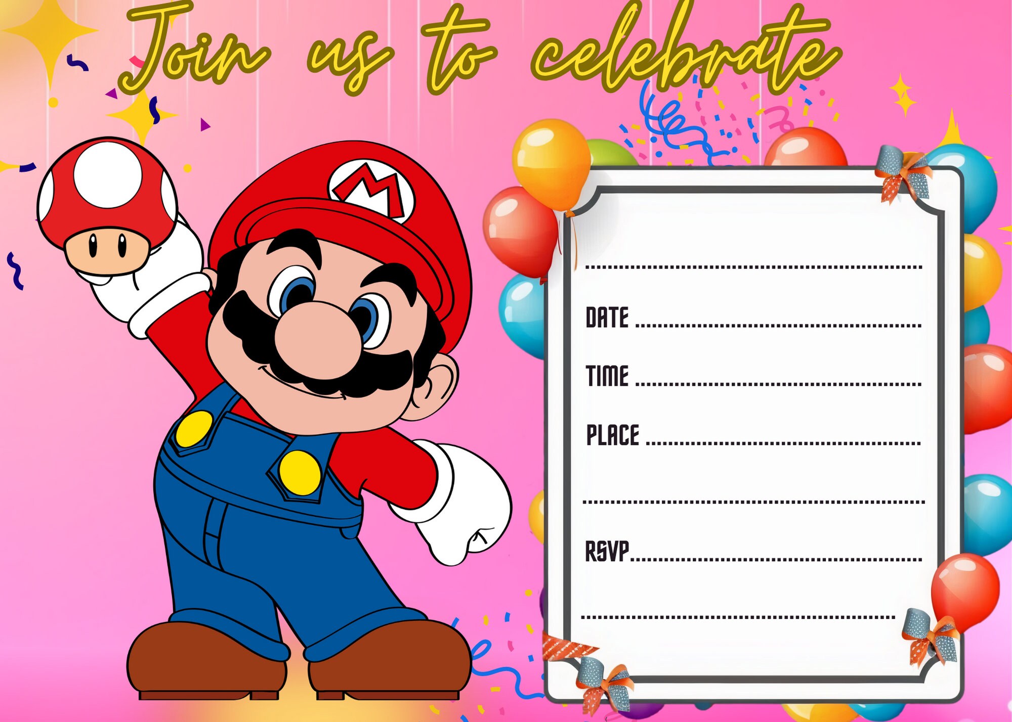 Mario Birthday Invitation Blank Mario Invitation Blank Super - Etsy