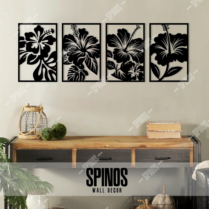 Hibiscus Wooden Wall Art Set : Tropical Flower Decor Panels - Etsy