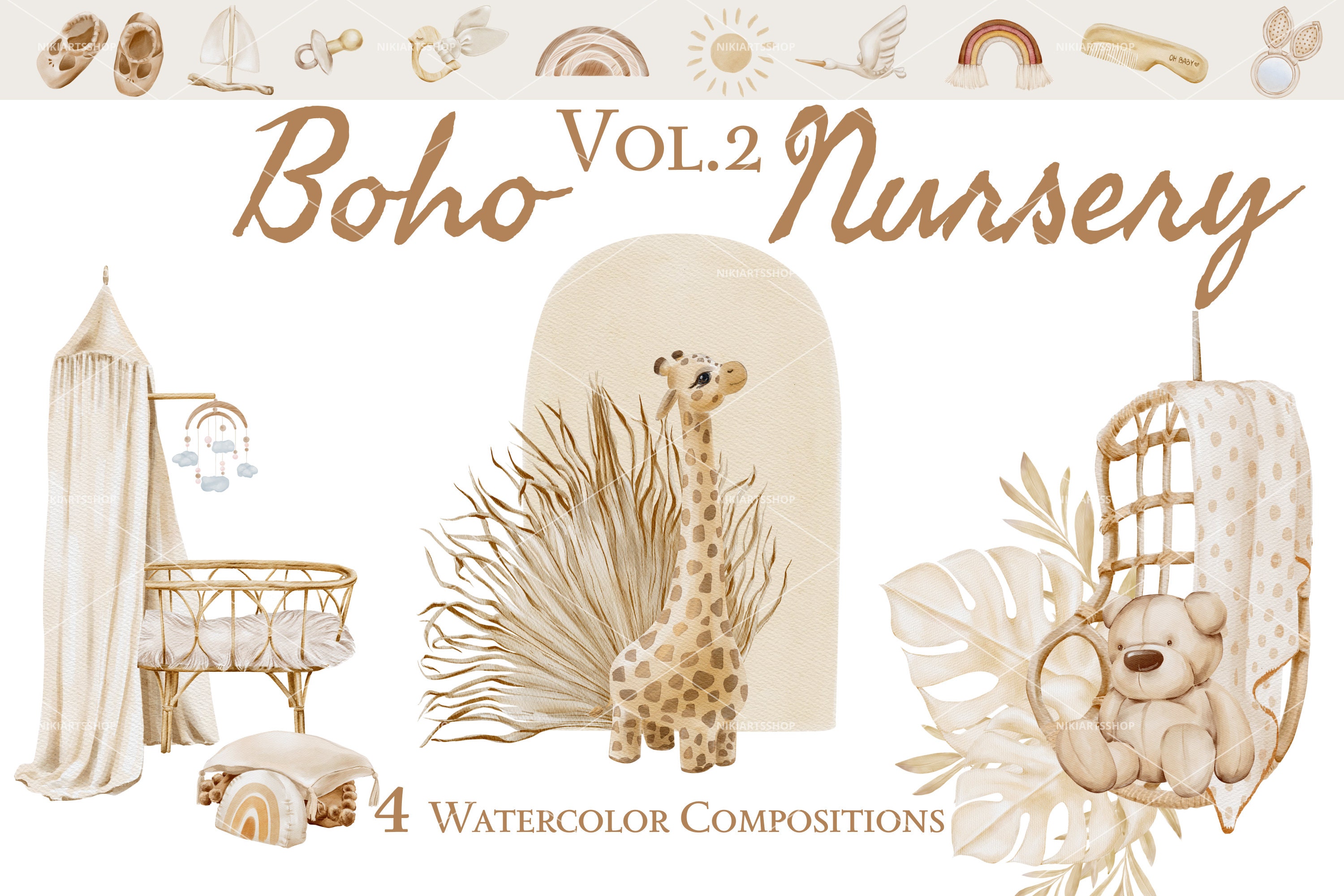 Boho Nursery Watercolor Clipart, Baby Shower, Boho Baby, Newborn Baby ...