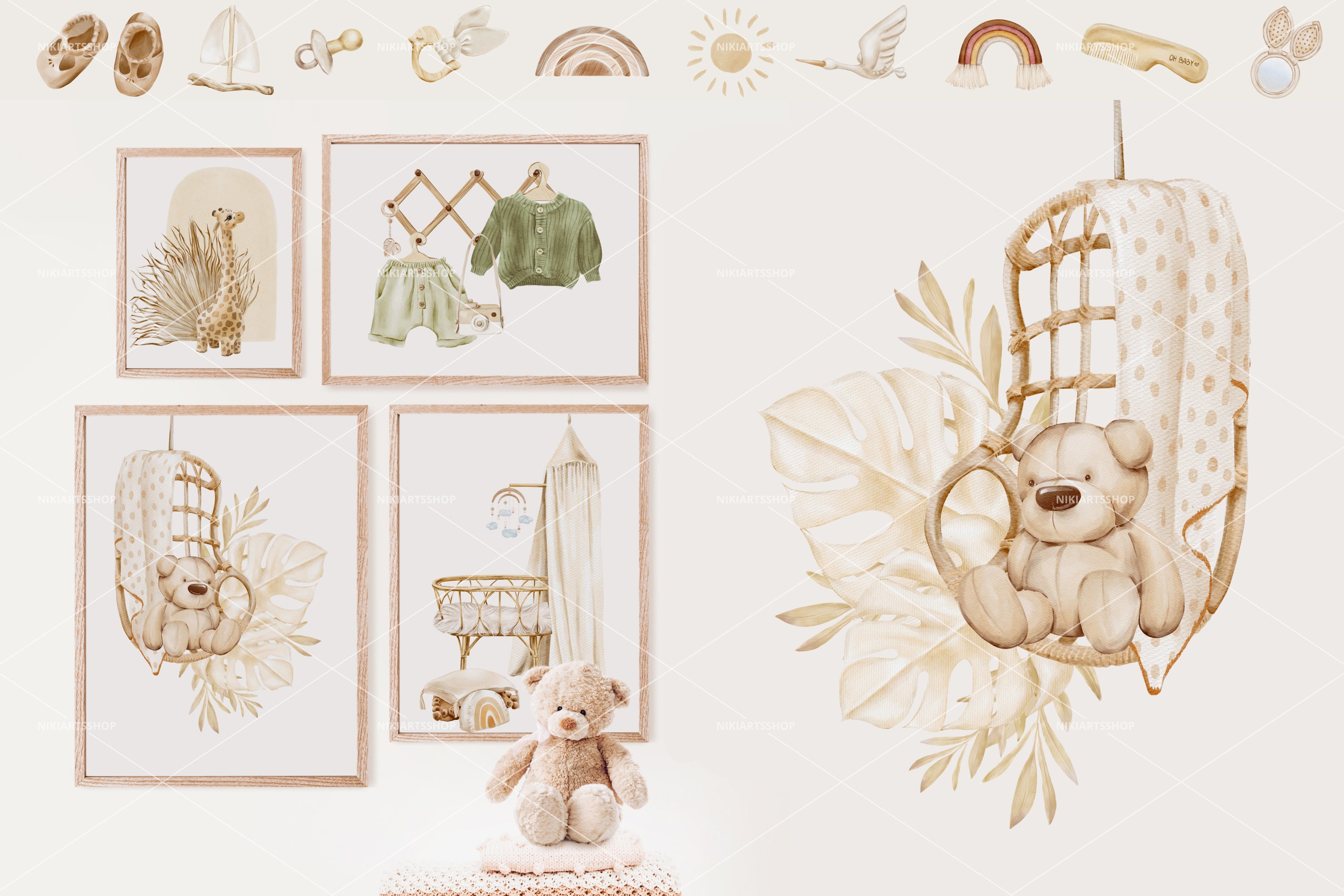 Boho Nursery Watercolor Clipart Bundle, Baby Shower Kit (digital ...
