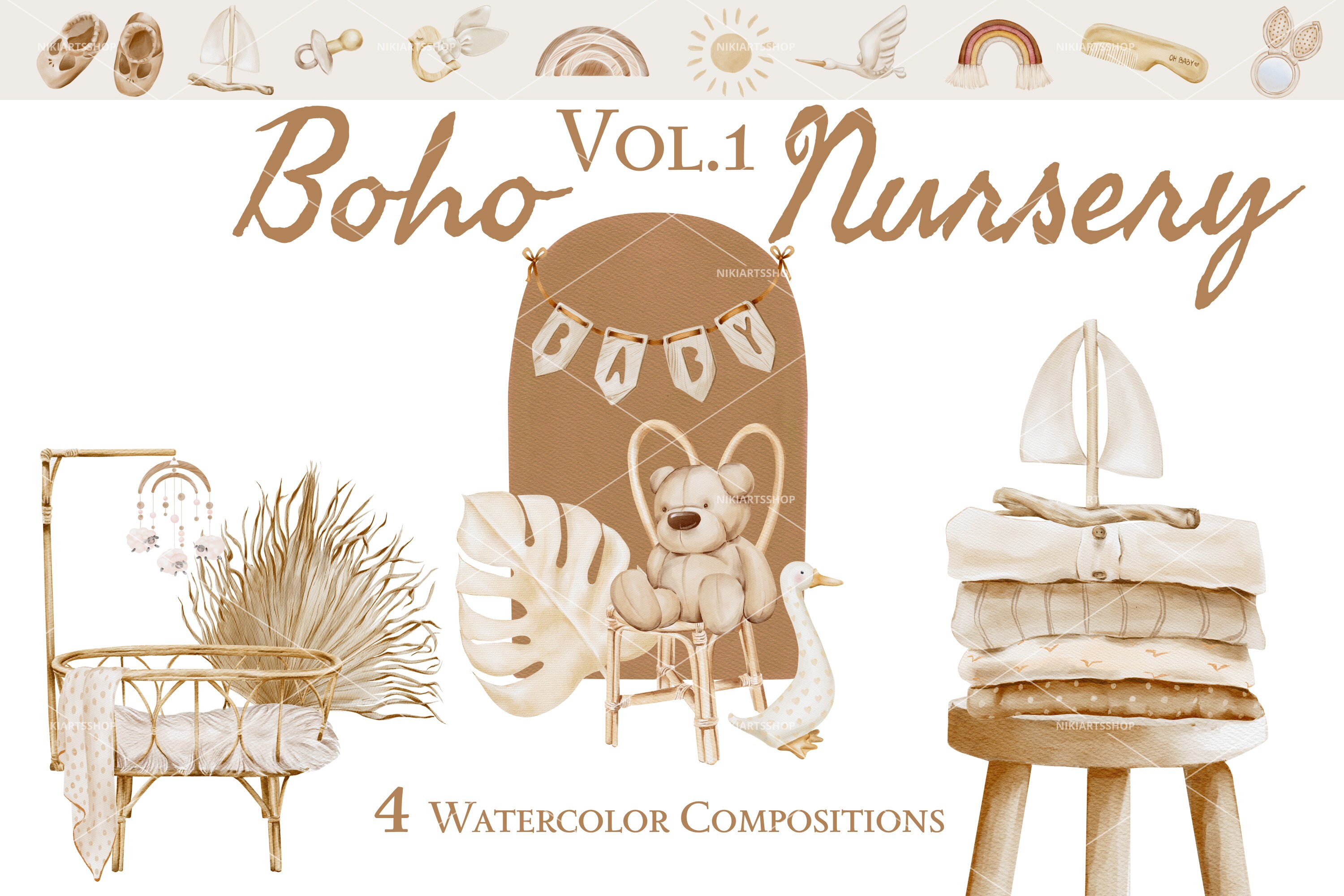 Boho Nursery Watercolor Clipart, Baby Shower, Boho Baby, Newborn Baby ...