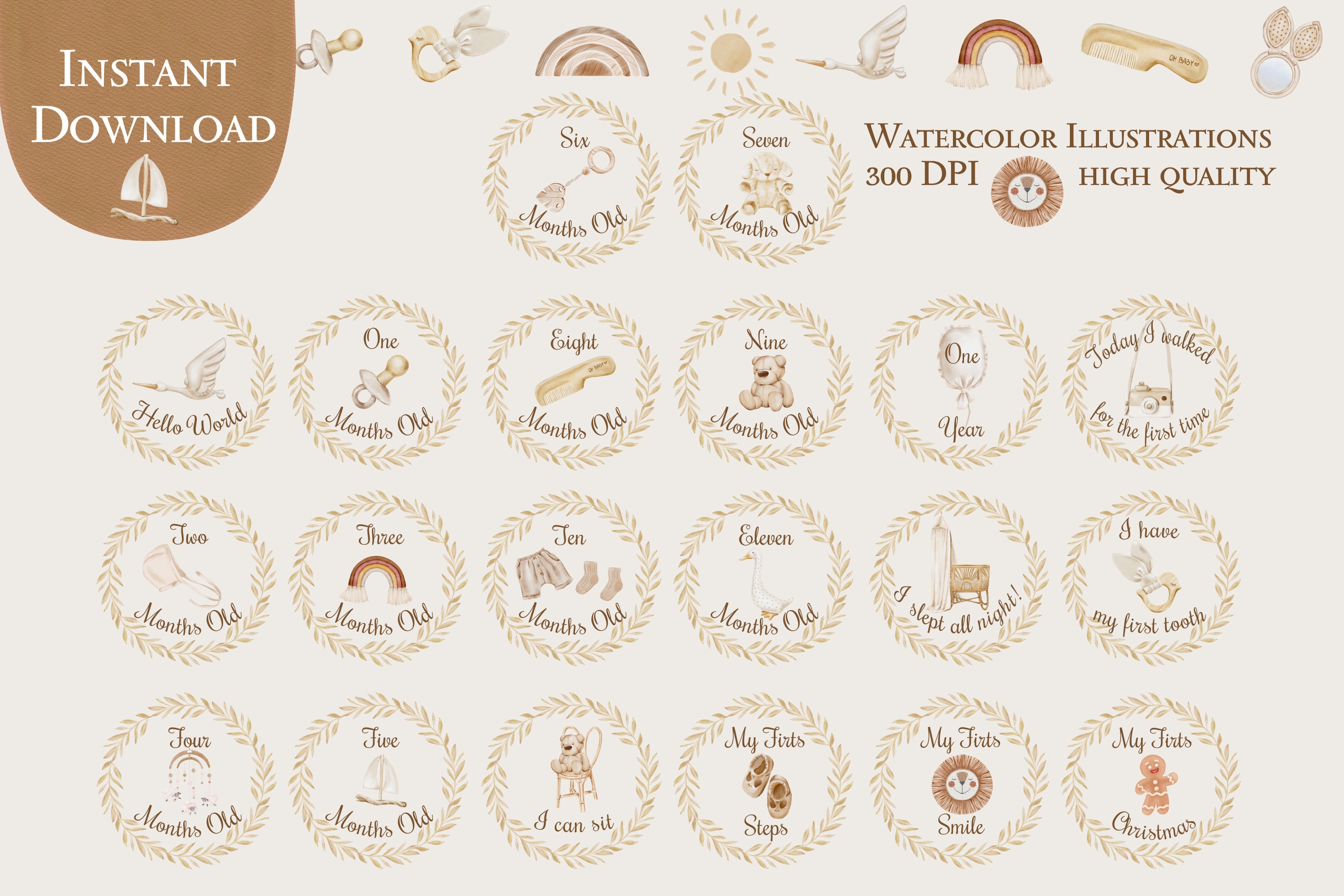 Baby Milestone Cards, Printable Baby Month Stickers, Watercolor Boho ...