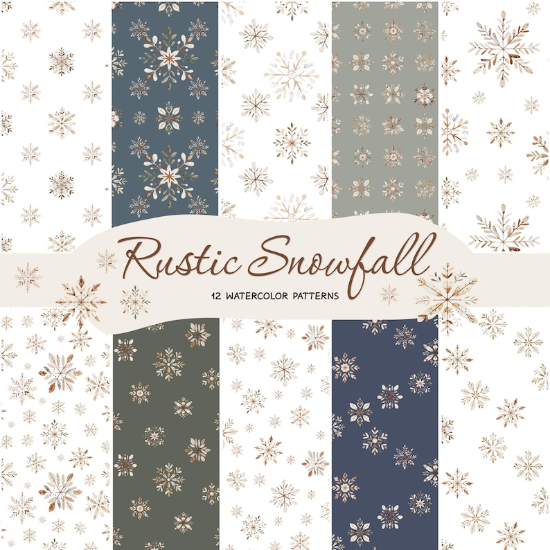 Watercolor Rustic Snowfall Patterns Christmas Scrapbook Paper Set ...