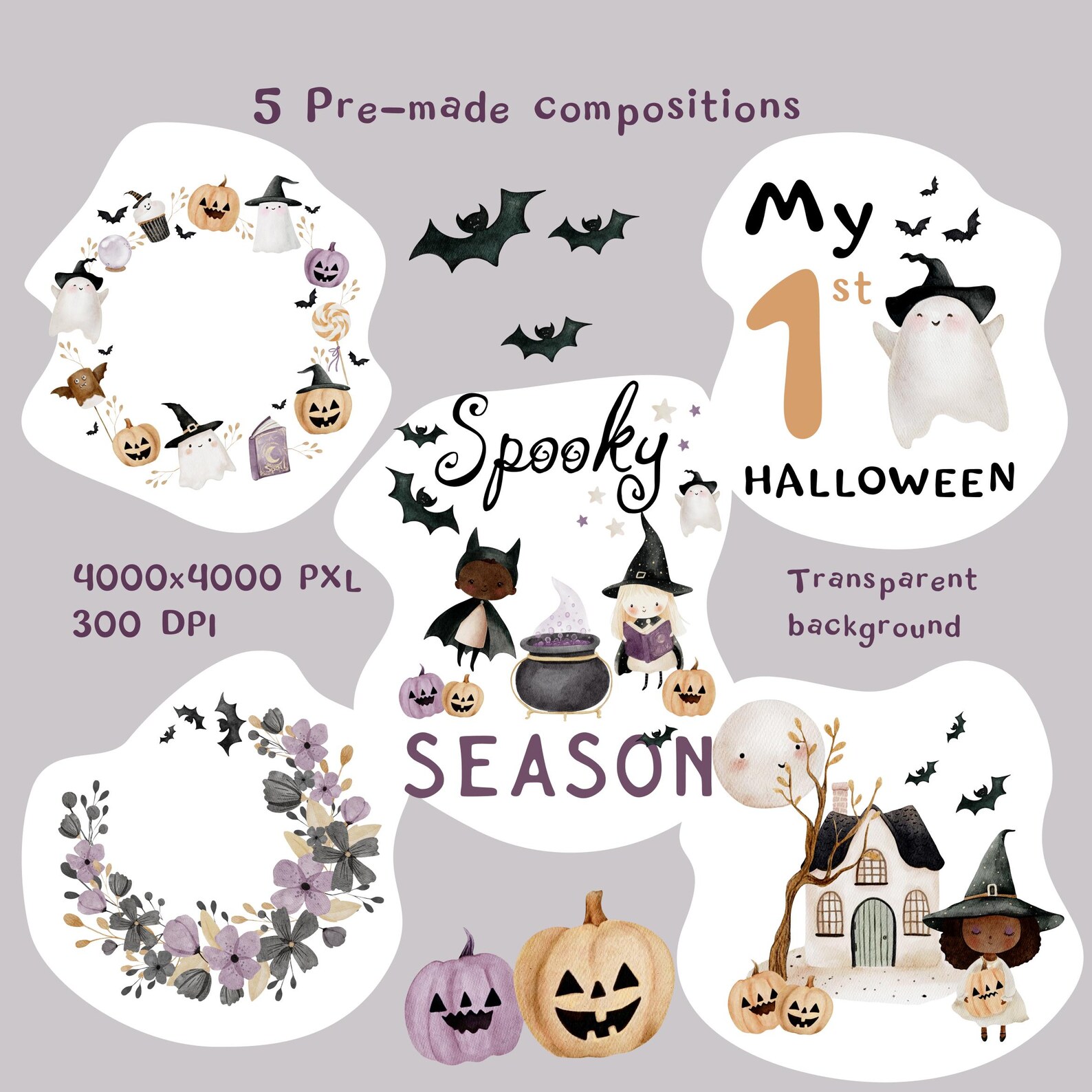 Cute Halloween - Watercolor Clipart - Pumpkin Clipart - Pastel Spooky ...
