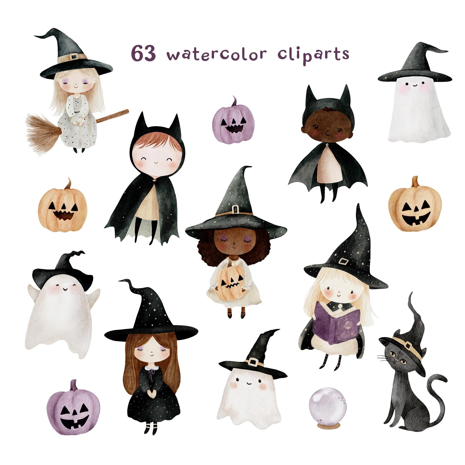 Cute Halloween Watercolor Clipart Pumpkin Clipart Pastel Spooky Clip ...