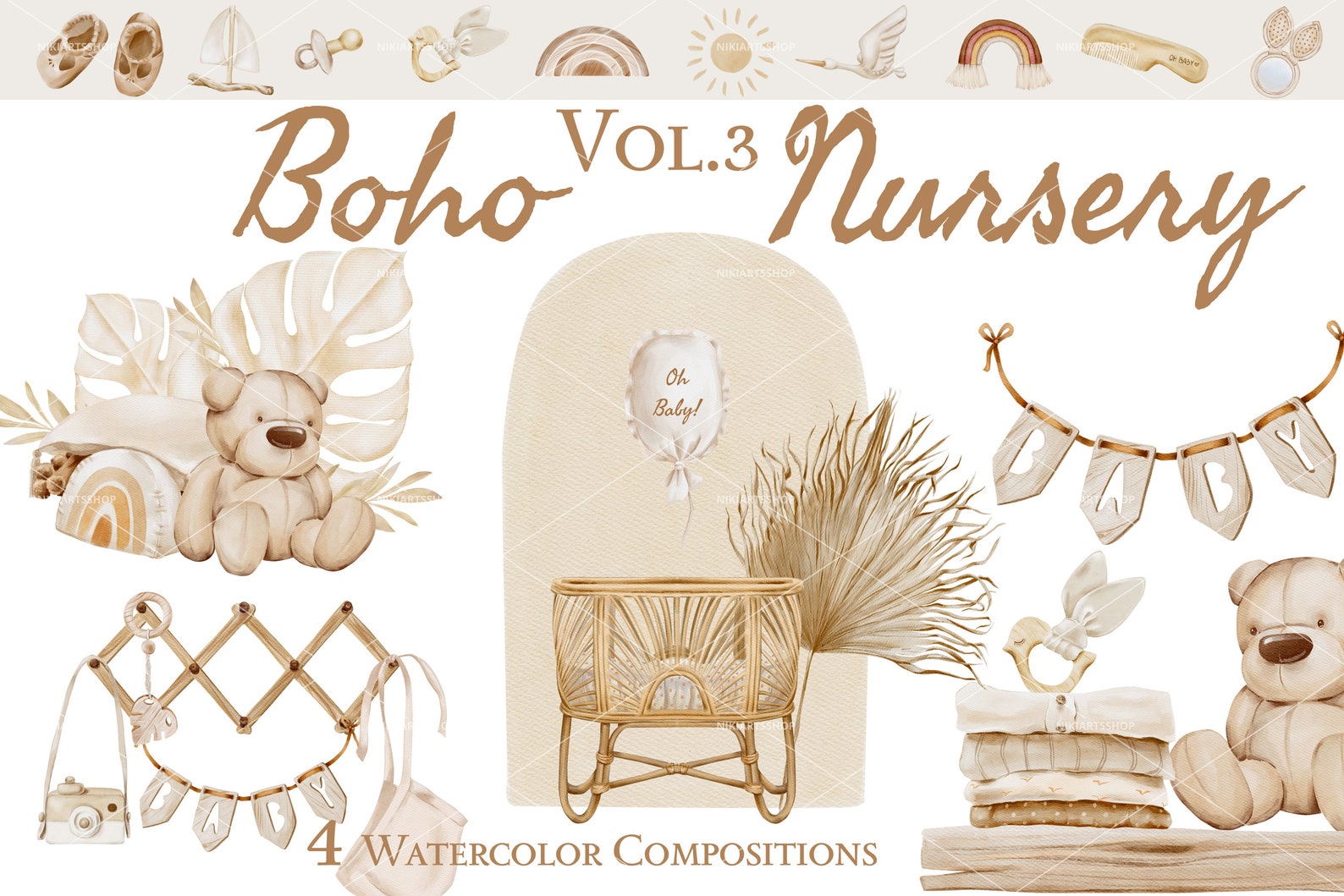Boho Nursery Watercolor Clipart BUNDLE, Baby Shower, Boho Baby, Newborn ...
