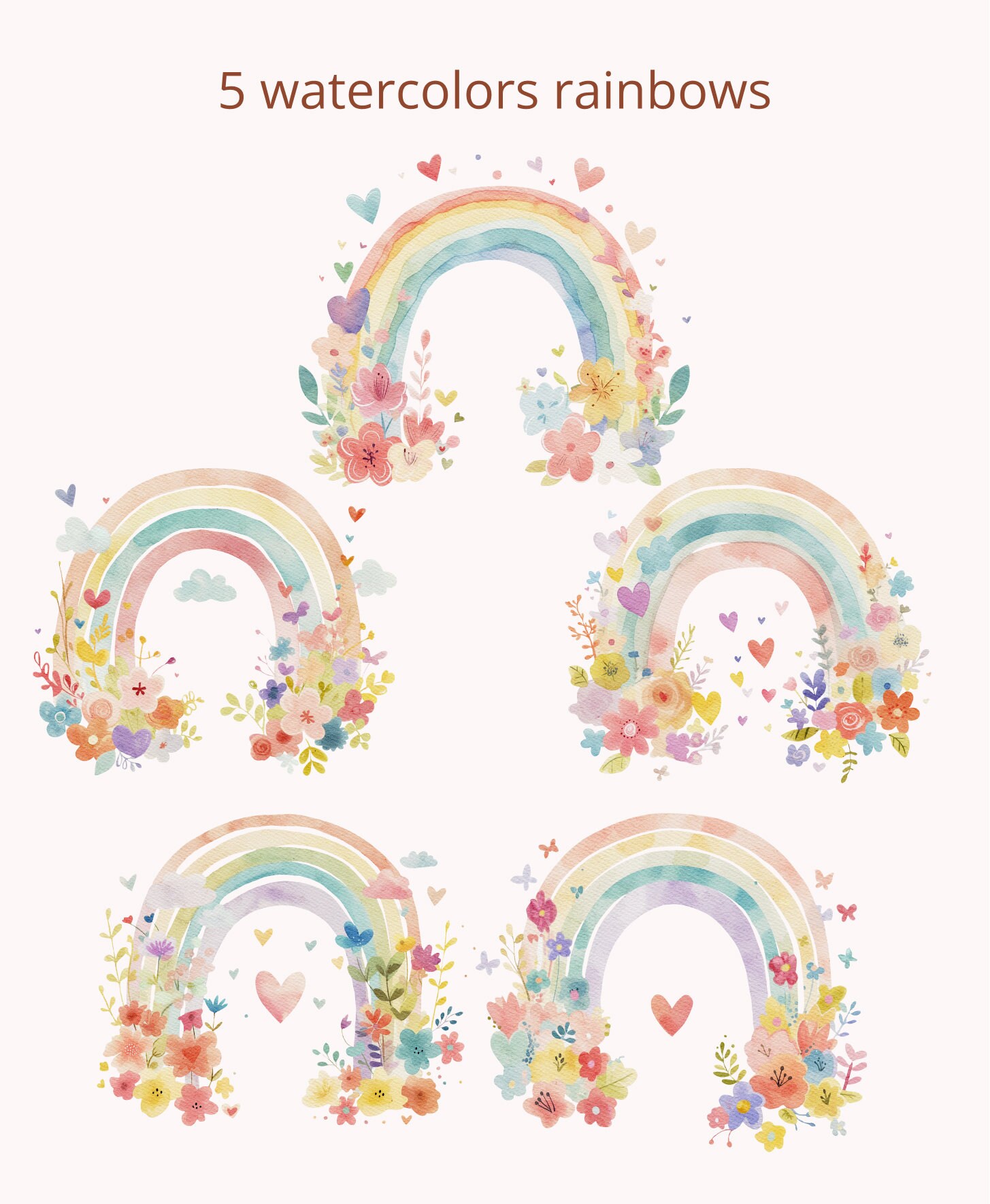 Rainbow Blossoms - Heart - Flowers - Watercolor Clipart - Boho Rainbow ...