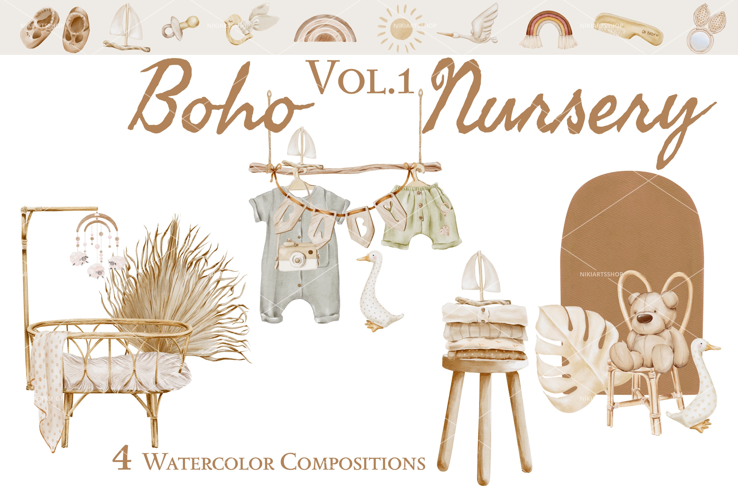Boho Nursery Watercolor Clipart, Baby Shower Graphics (digital Download ...