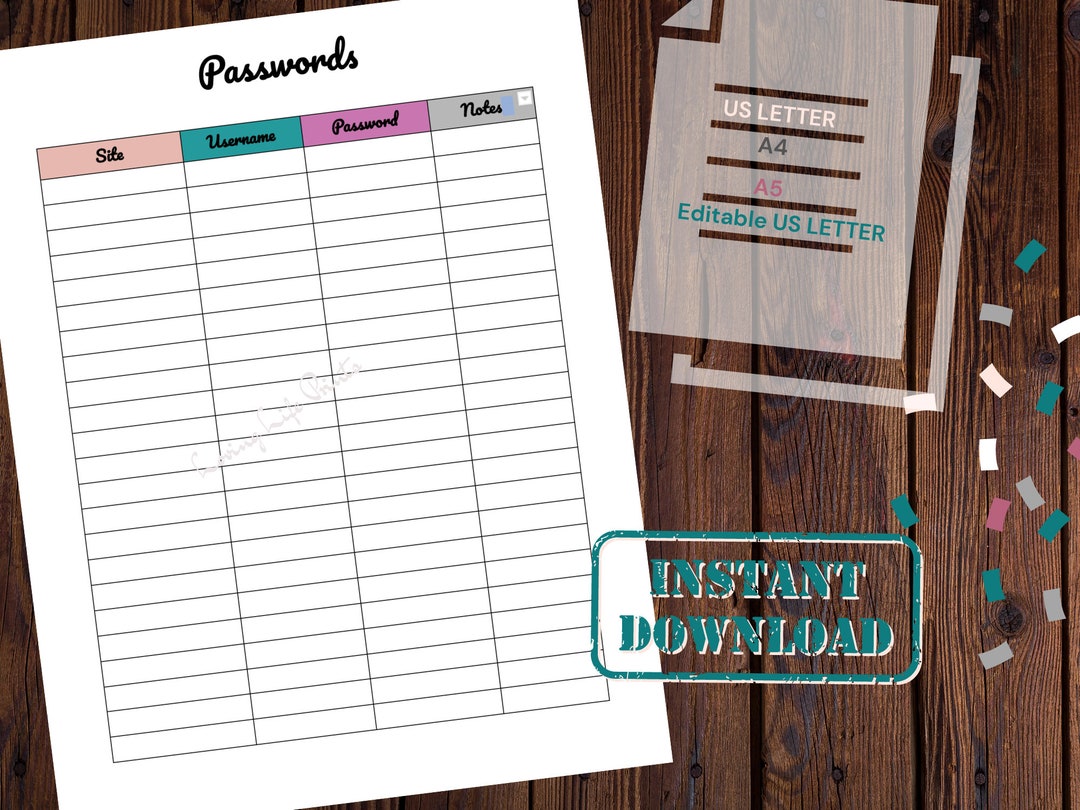 Password Sheet, Fillable, US Letter, A4, A5, US Letter Fillable ...