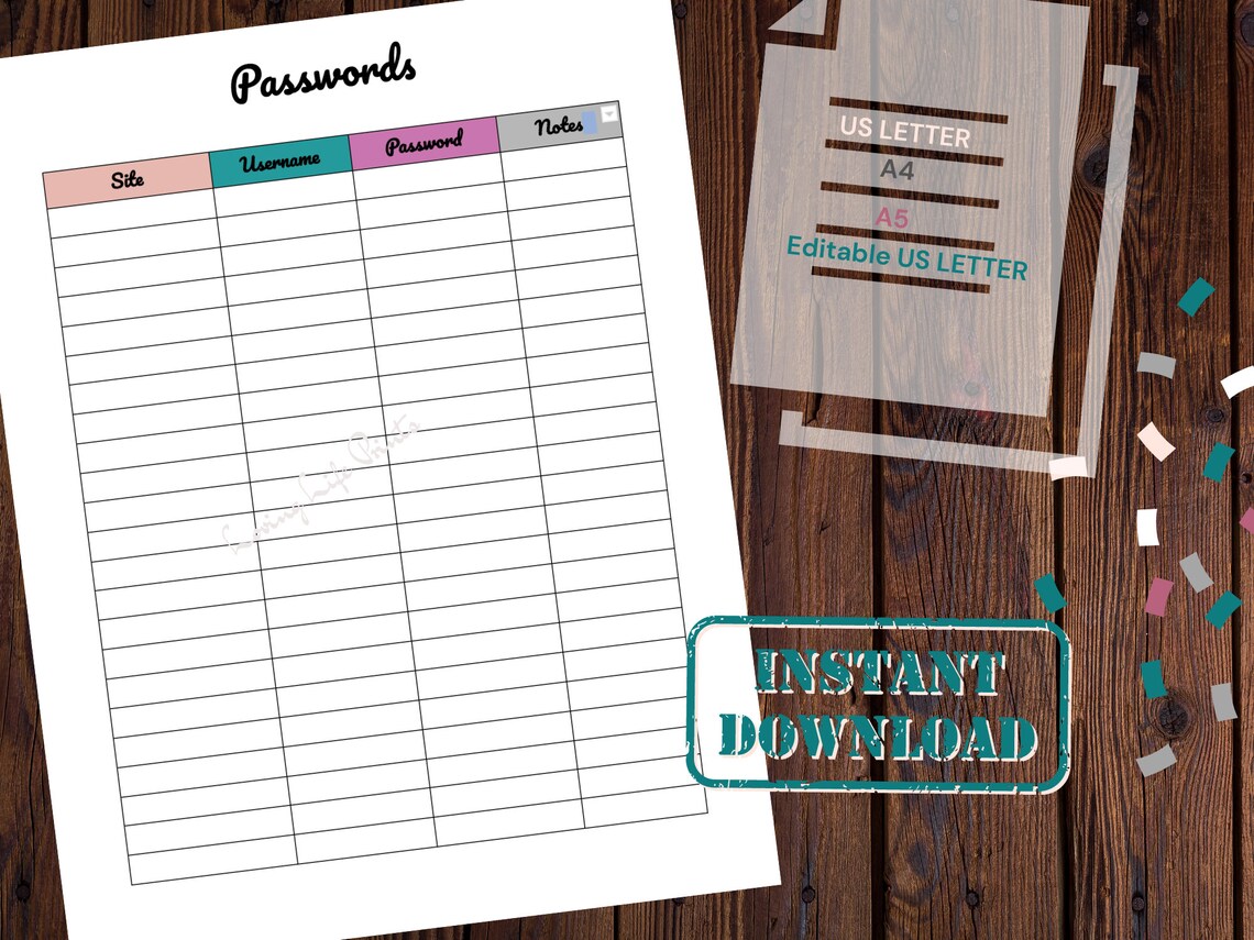Password Sheet, Fillable, US Letter, A4, A5, US Letter Fillable ...