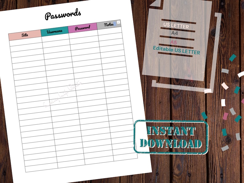 Password Sheet, Fillable, US Letter, A4, A5, US Letter Fillable ...