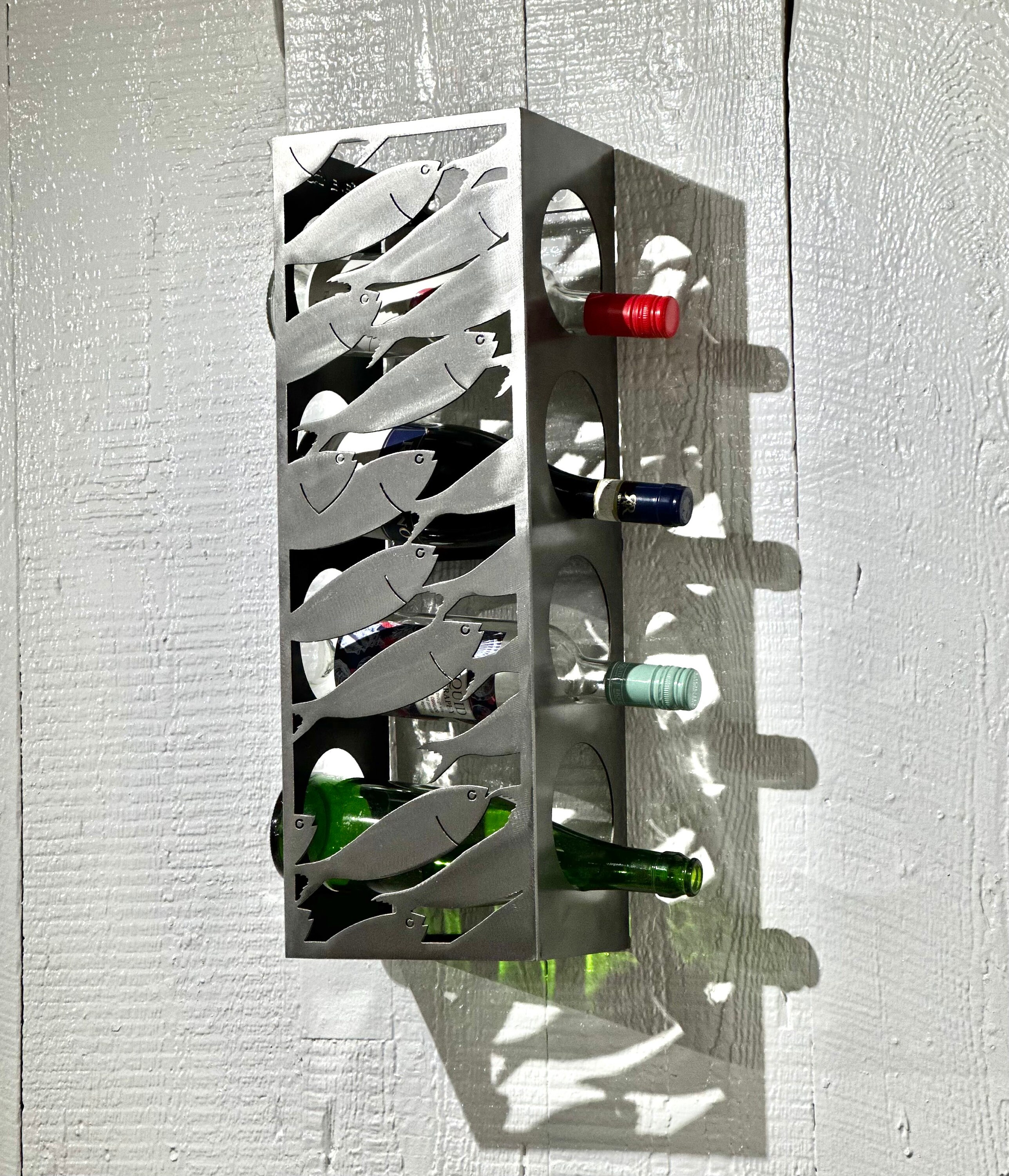 Steel Wall Mounted Steve Swain Fish Art 4 Bottle Wine Rack Hand Made on ...