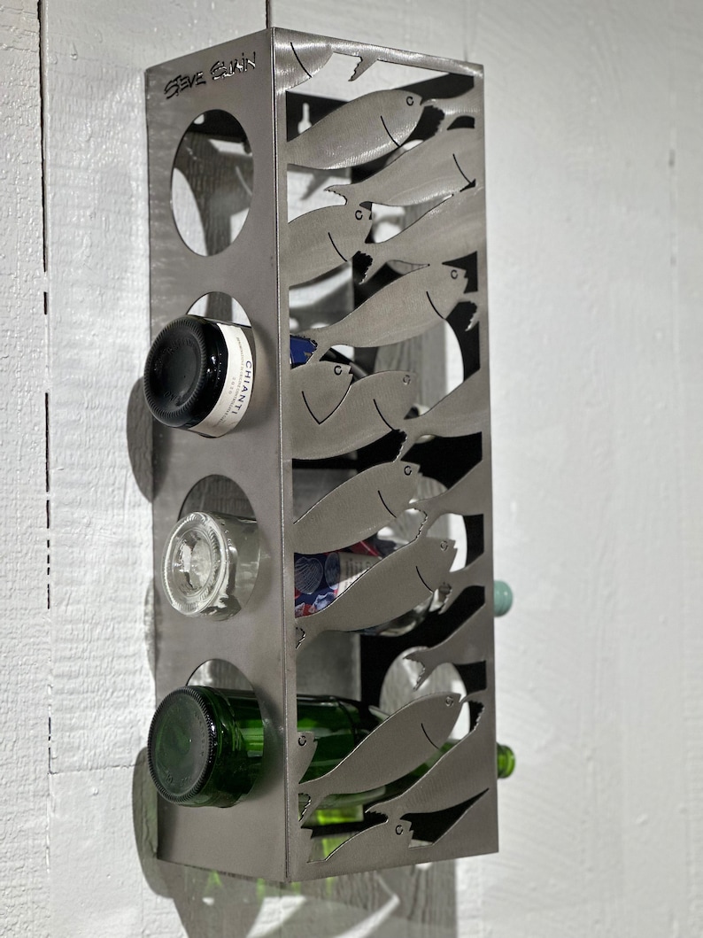 Steel Wall Mounted Steve Swain Fish Art 4 Bottle Wine Rack Hand Made on ...