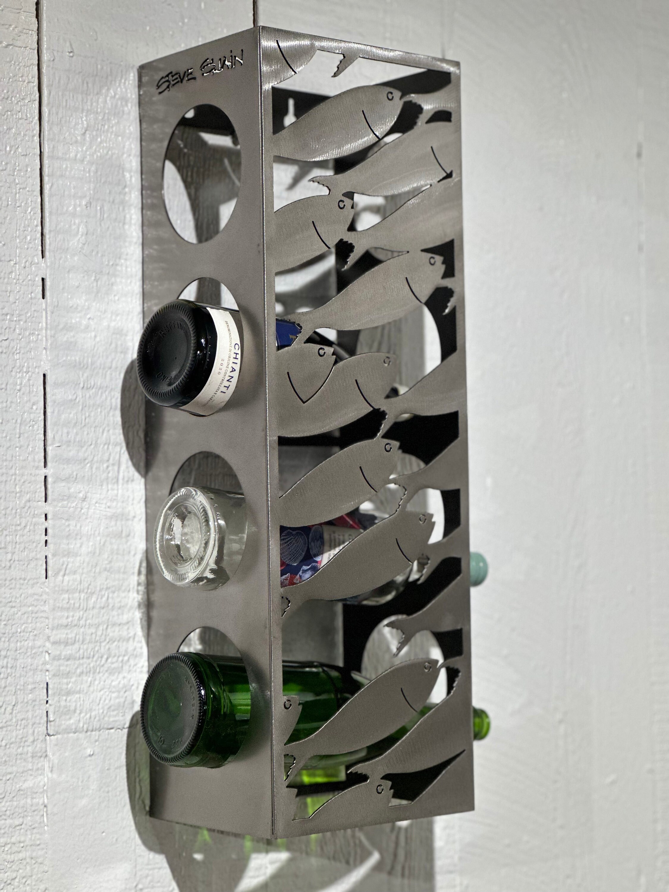 Steel Wall Mounted Steve Swain Fish Art 4 Bottle Wine Rack Hand Made on ...
