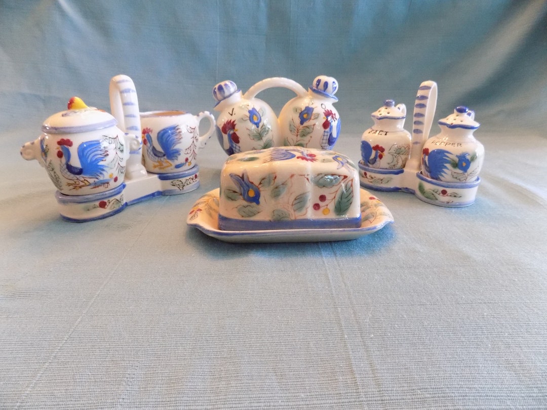 Vintage Nasco Blue Rooster Hand-painted Condiment Set Mid-century Made ...