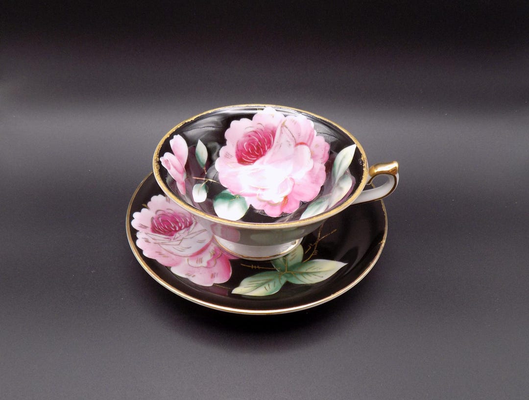 Vintage Ohashi Hand-painted Pink Floral on Black Teacup and Saucer ...