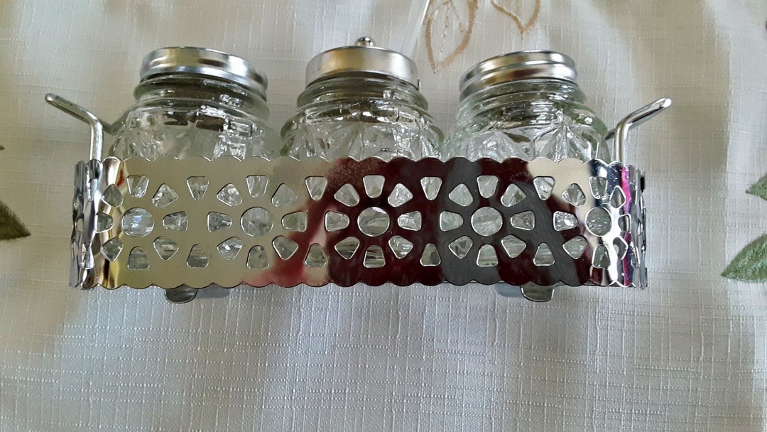 Vintage Four Piece Condiment Set-salt, Pepper, Mustard/jam/honey/relish ...