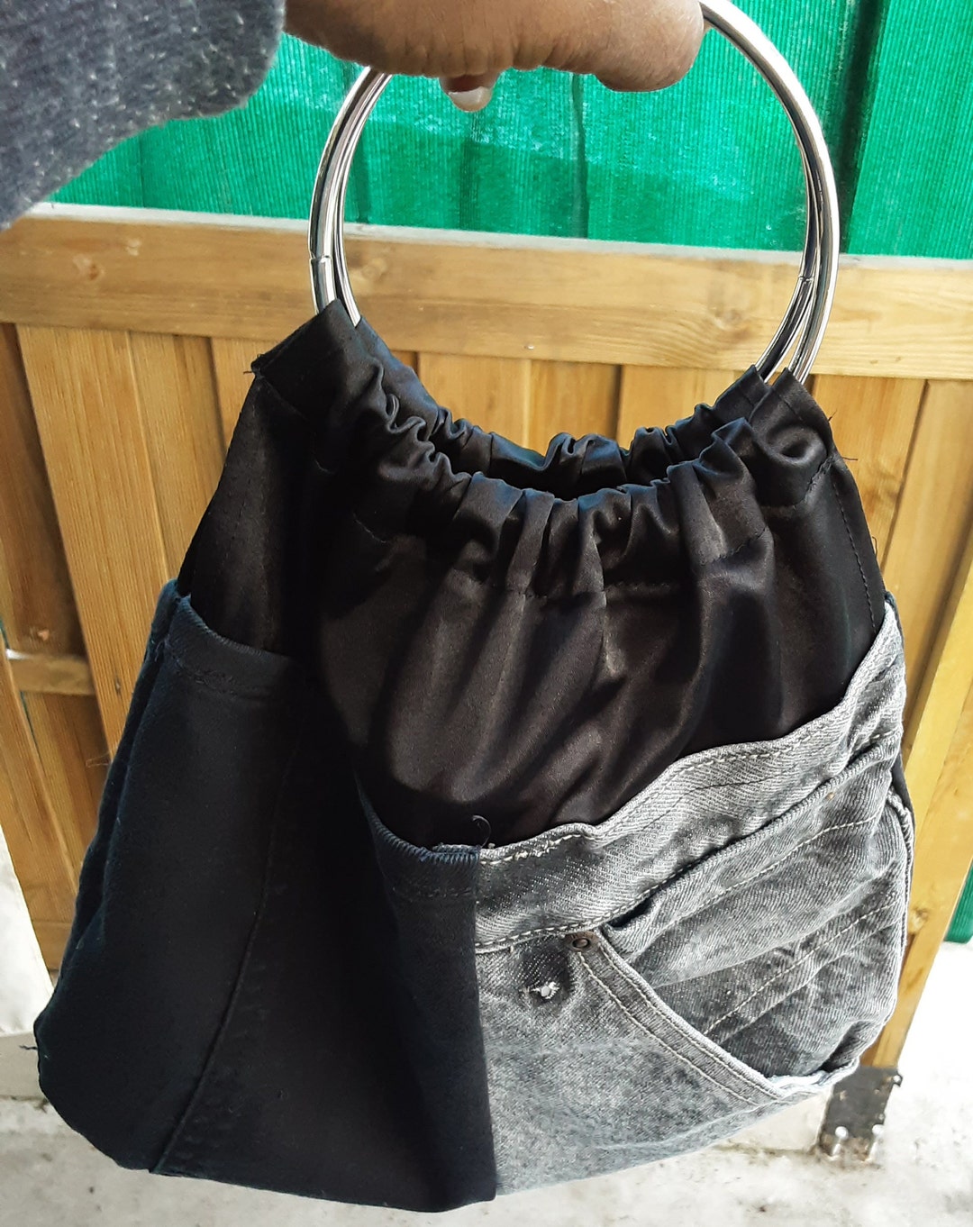 Upcycled Denim Round Handle Bag Black Satina - Etsy Canada