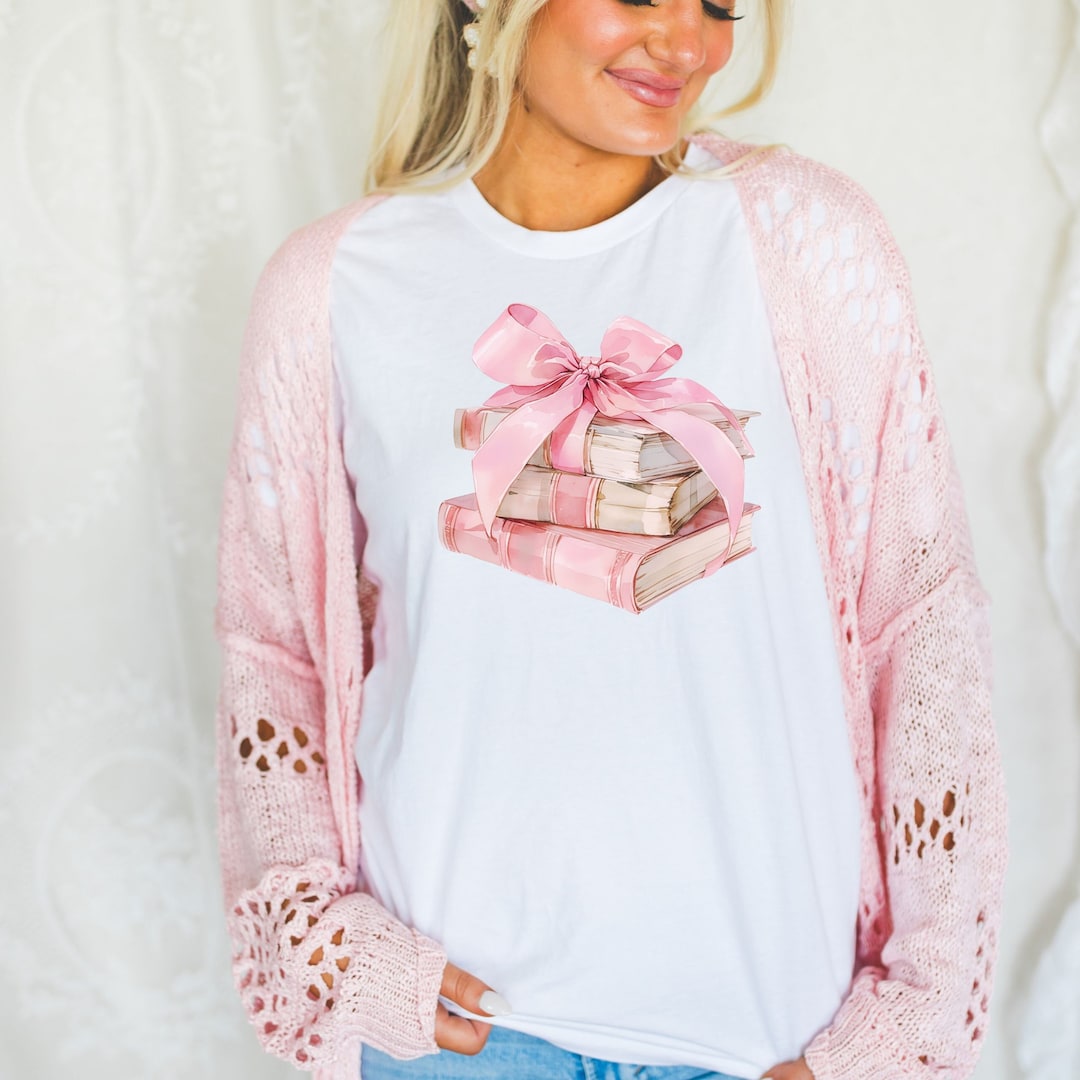 Books and Bows T Shirt, Pink Bow T Shirt, Book Lover Shirt With Pink ...