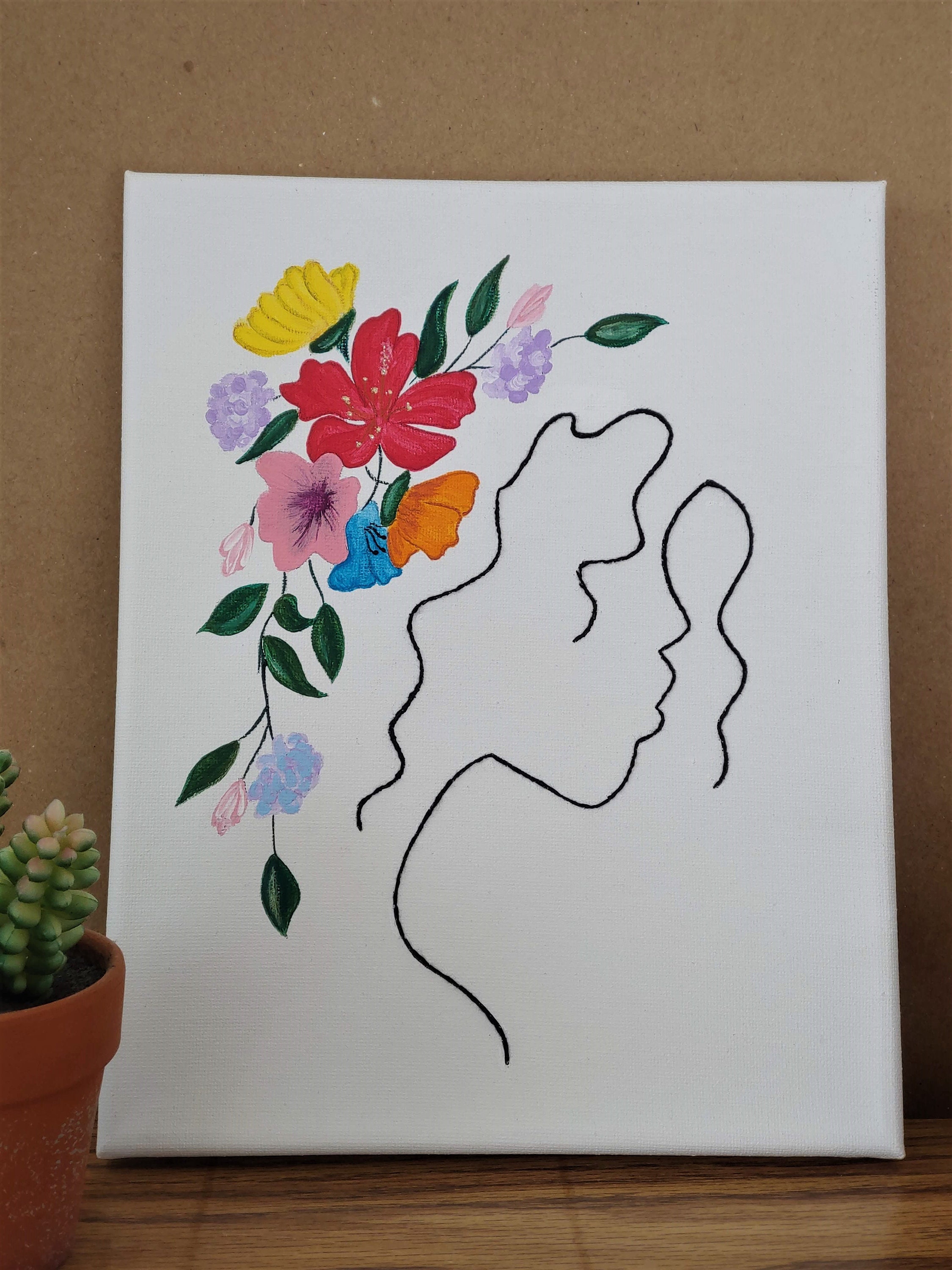 Embroidered Canvas Painting Line Art, Acrylic Paint With Flower ...