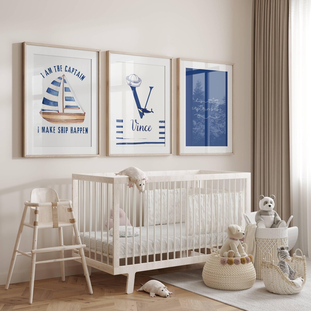 Personalized Baby Boy Captain Wall Art, Set of 3 Nautical Nursery ...