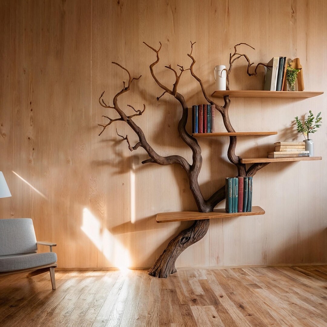 Wood Tree Branch Floating Shelves, Live Edge Wooden Tree Bookcase ...