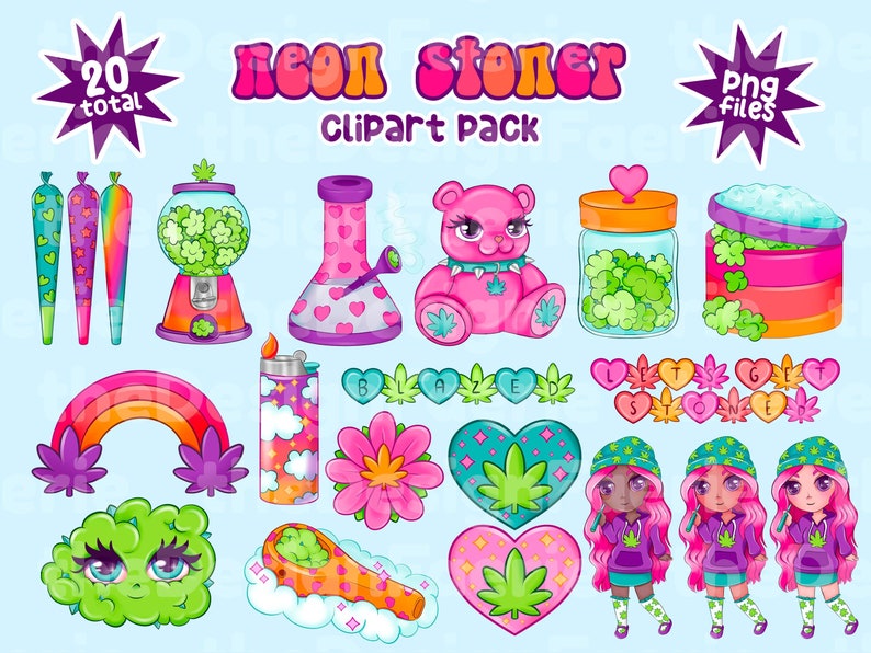 Neon Stoner Clipart Bundle, 20 PNG Digital Drawings and Illustrations ...