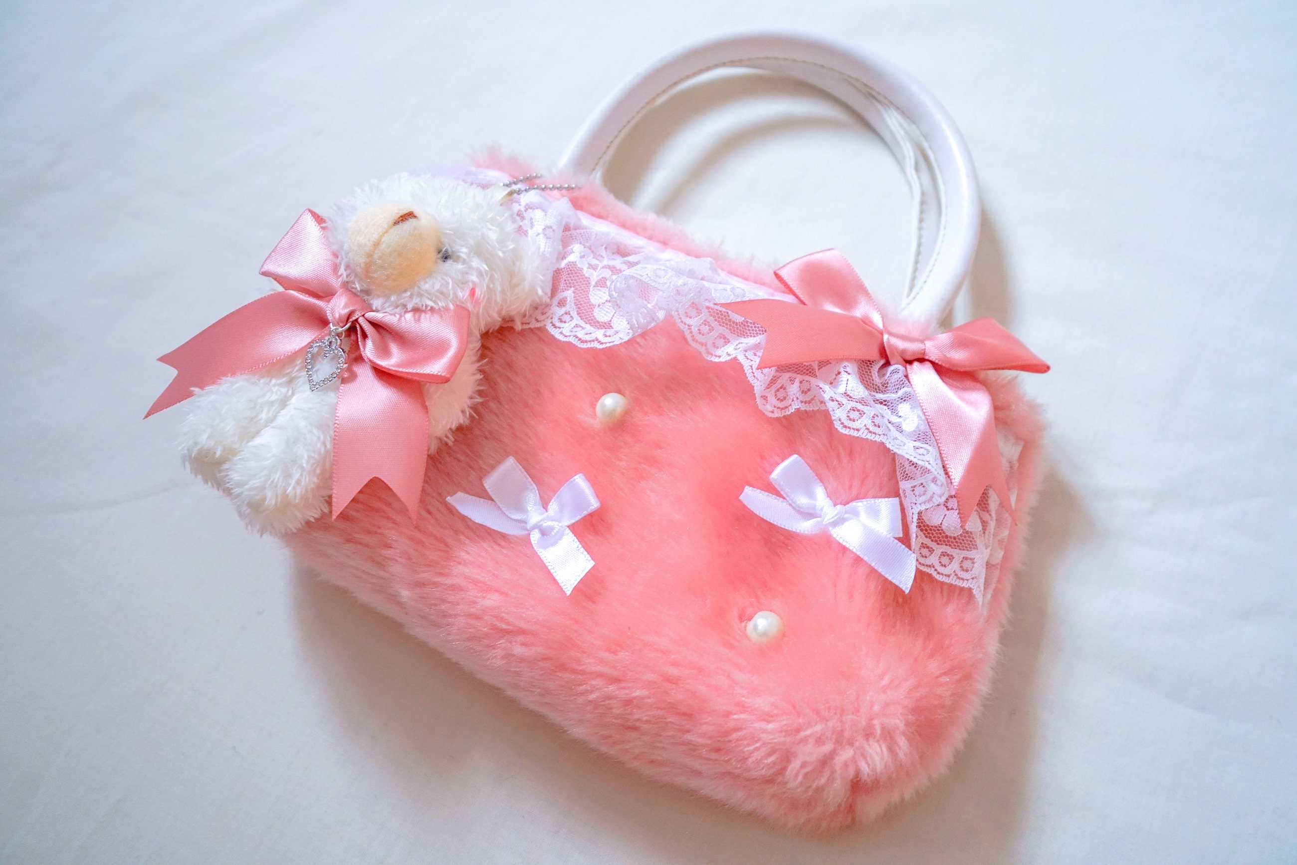 Pastel Pink Fluffy Coquette Hand Bag With Teddy Bear Plushie Charm ...