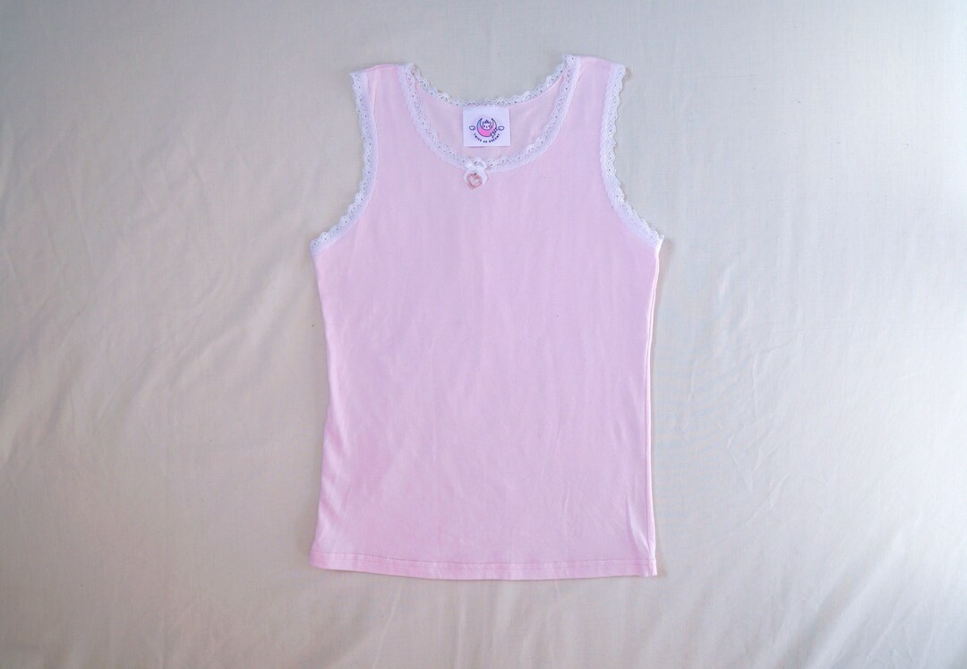 Pastel Pink Lace Trim Baby Tee Style Singlet With Dainty Bow Ribbon ...