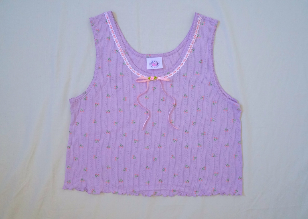 Pastel Purple Dainty Floral Singlet With Pink Laced Ribbon Bow, Flower ...