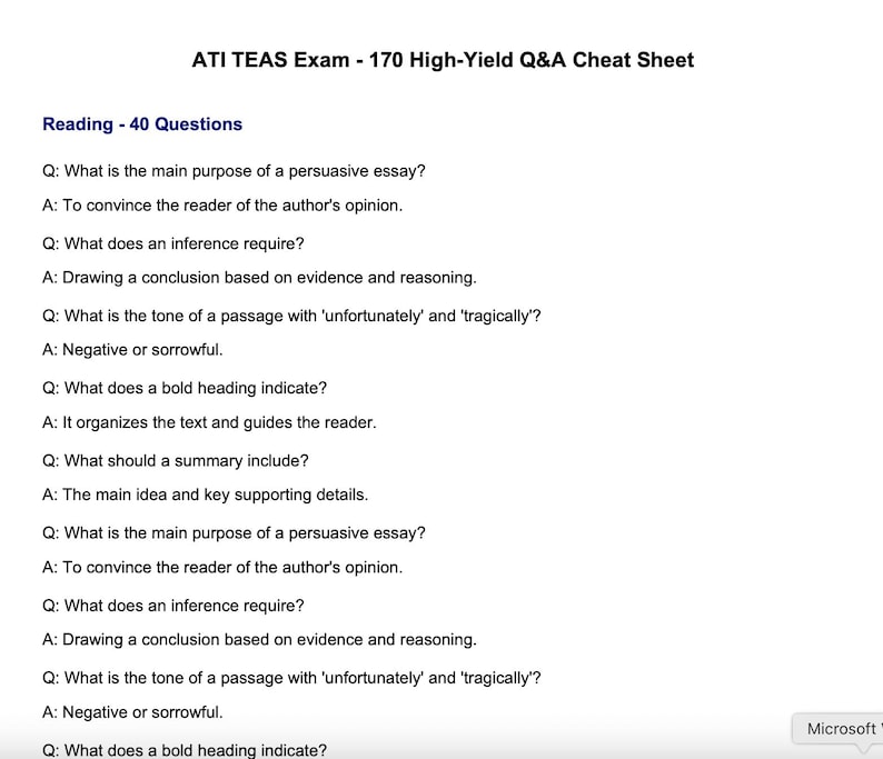 ATI TEAS Exam - 170 High-yield Q&A Cheat Sheet - Etsy