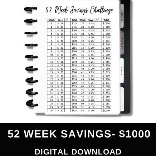 52 Week Savings Tracker 1000 - Etsy