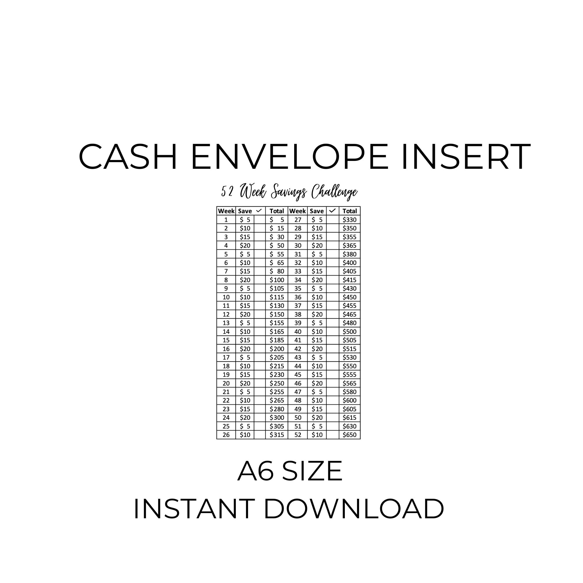 52 Week Savings Challenge Cash Envelope Insert - Etsy