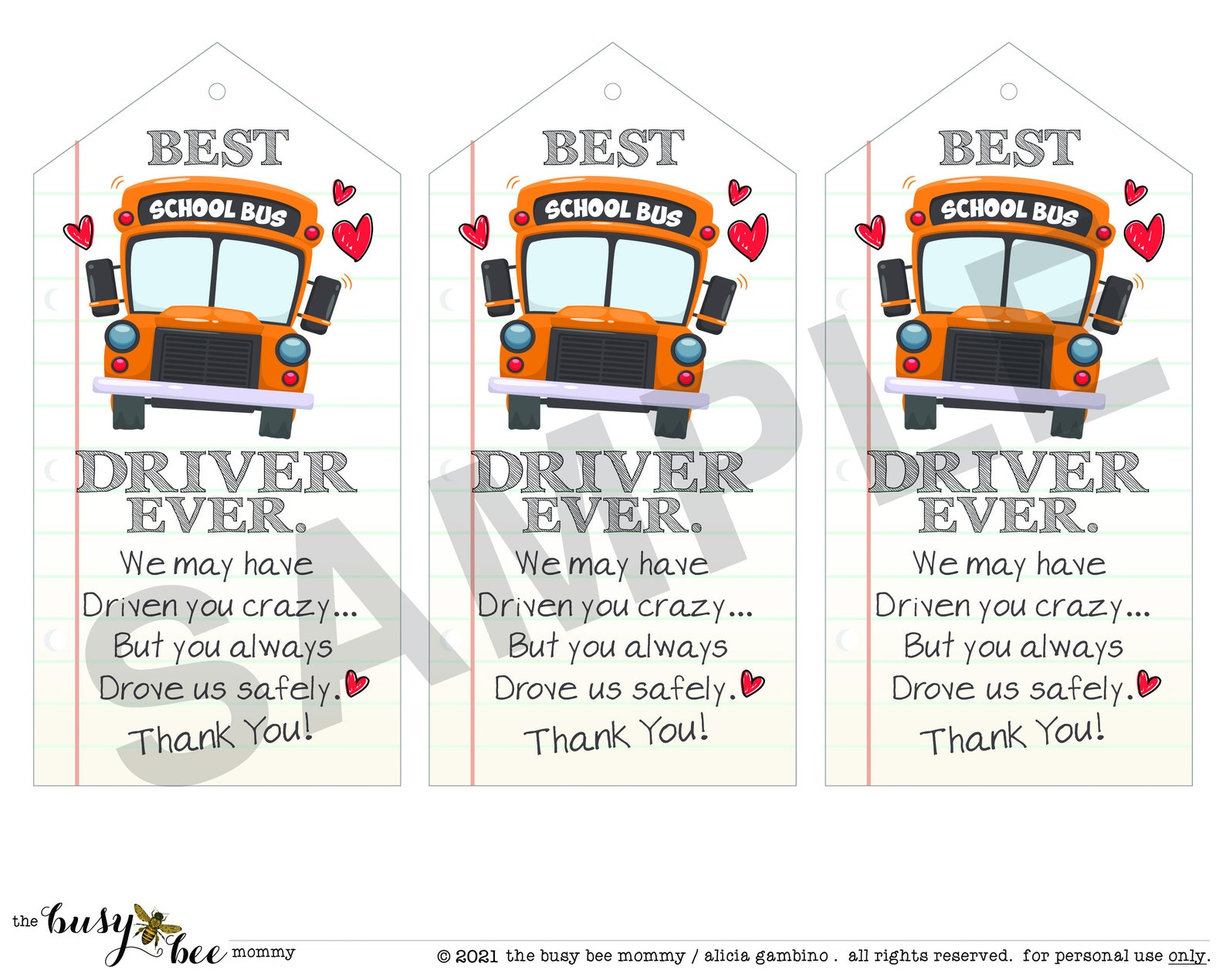School Bus Driver Gift Tags / Book Marks Easy DIY Printable - Etsy