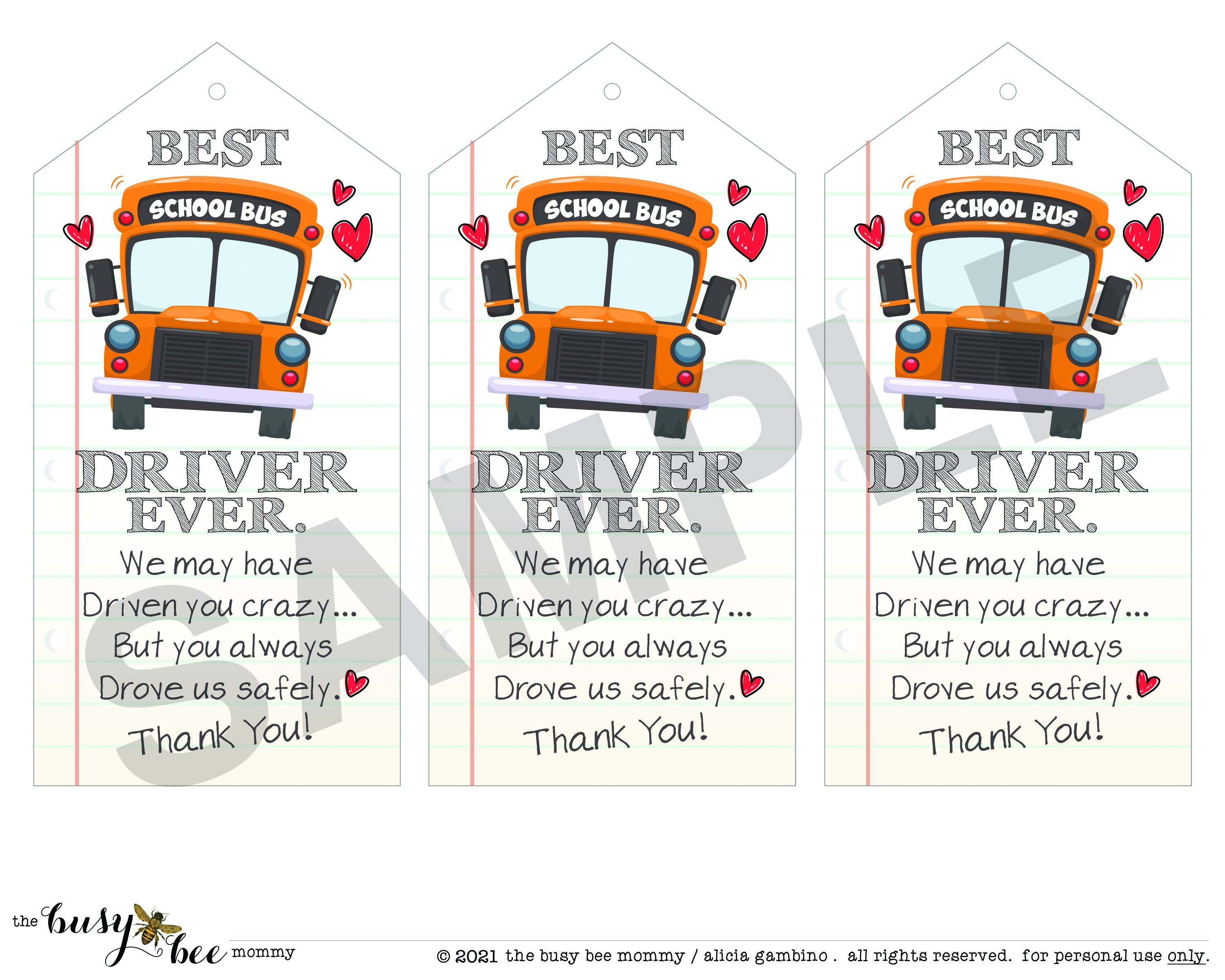 School Bus Driver Gift Tags / Book Marks Easy DIY Printable - Etsy