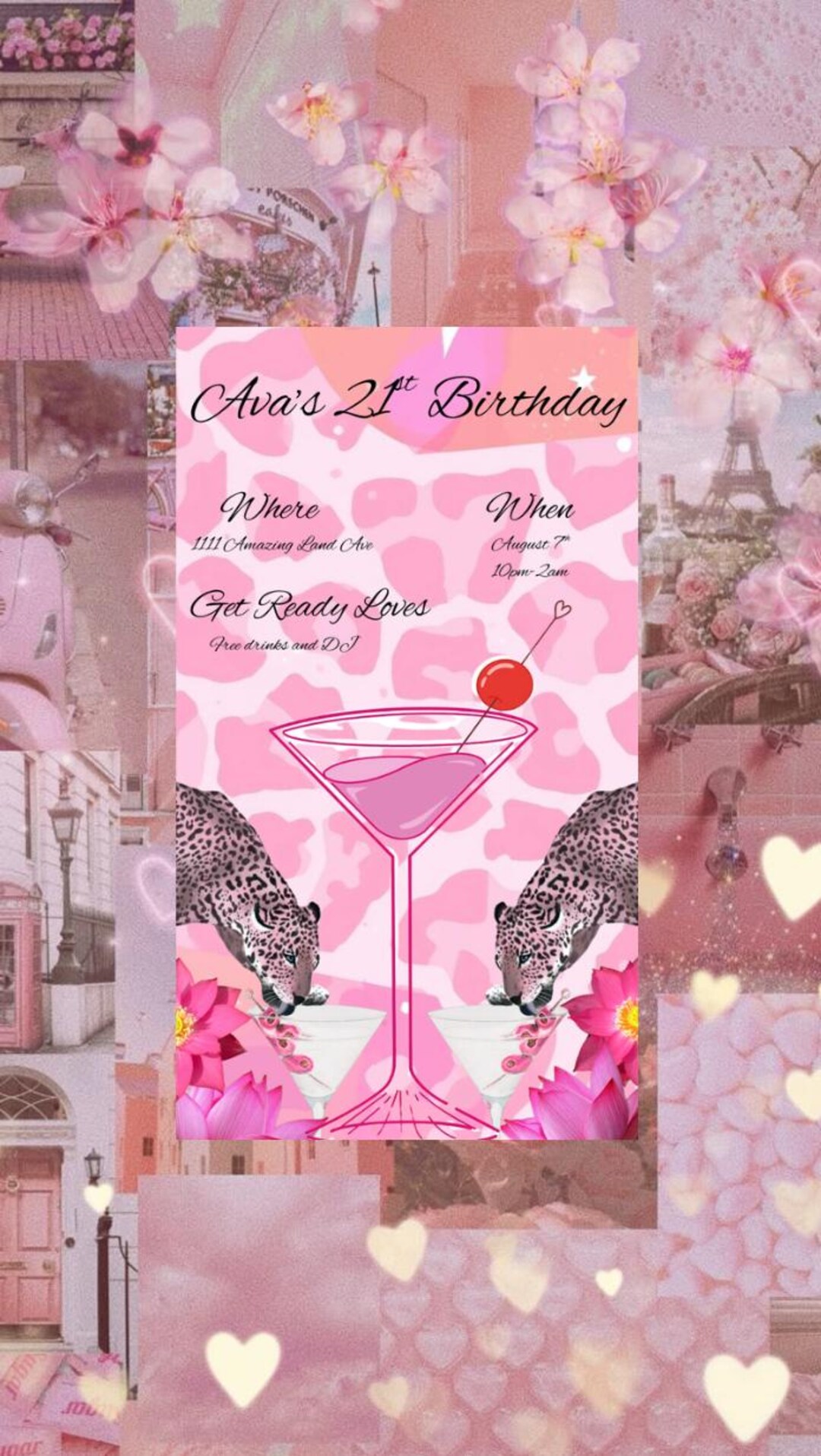 Pink Cheetah 21st Birthday Invitation, Glam Martini Party (digital ...
