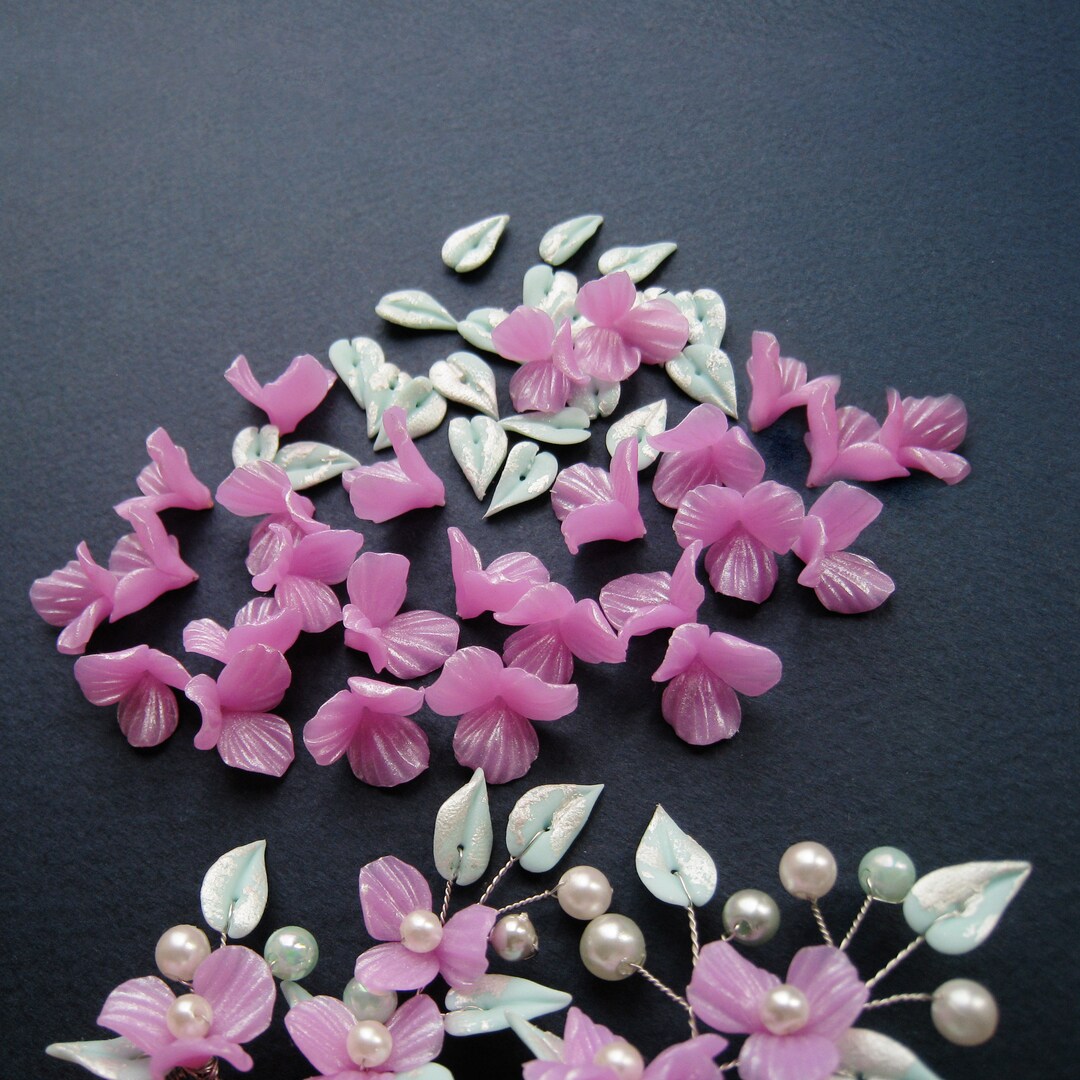 Floral Perlen-set Rosa Blumen Minze Blatt aus Polymer Clay - Etsy.de