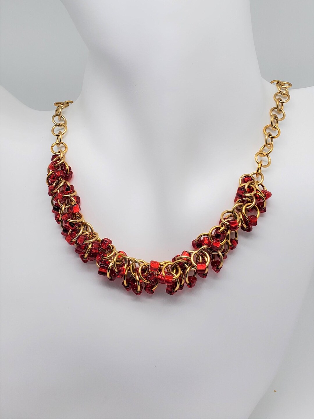 Shaggy Loops Chain Necklace, Red and Gold Color, Anodized Aluminum ...