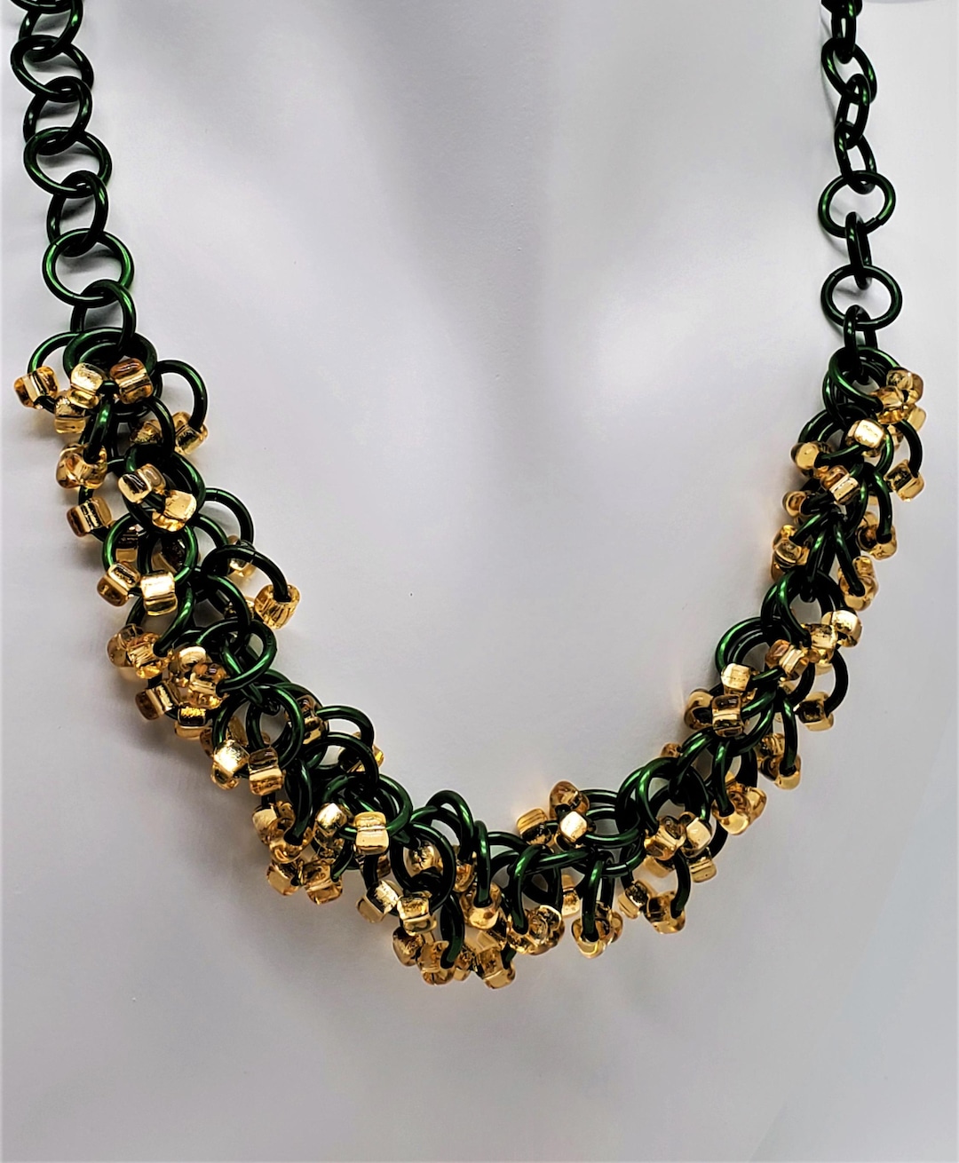 Handmade Green Anodized Aluminum Chain Necklace: Gold Beads & Cubic ...